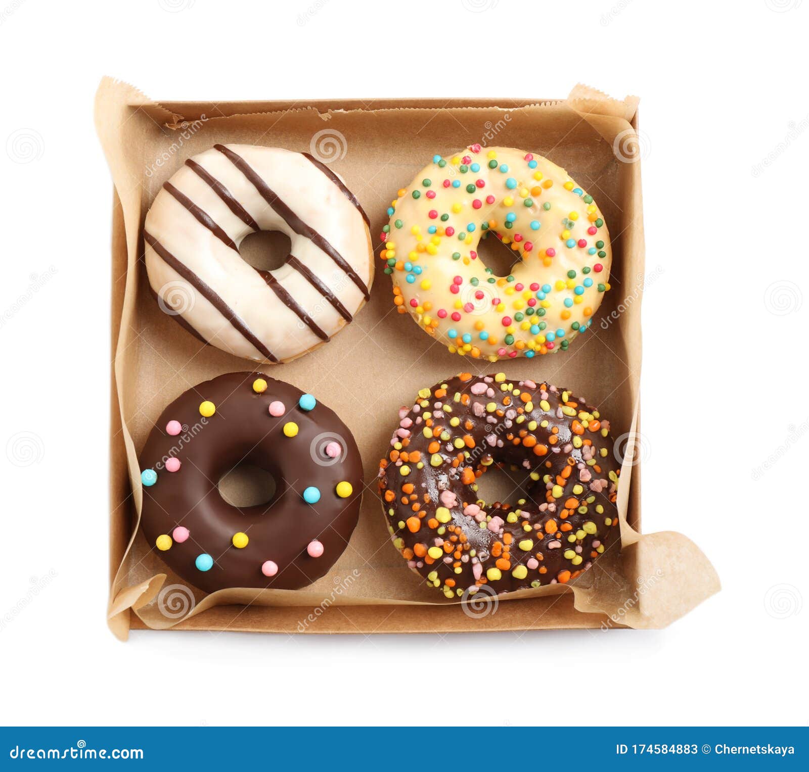 Tasty Glazed Donuts in Cardboard Box Isolated on White, Top View Stock ...