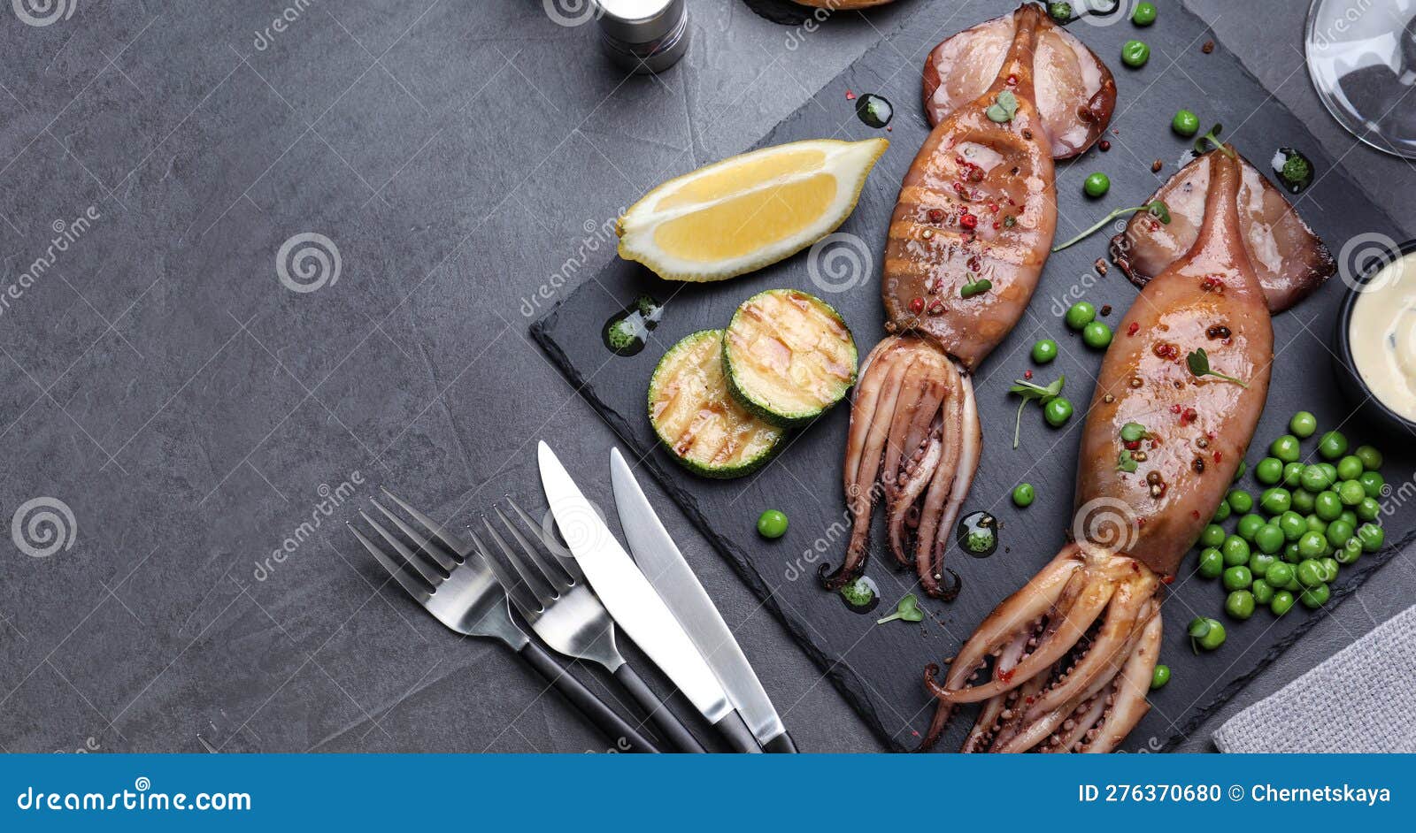 Tasty Grilled Squids Served on Grey Table, Flat Lay. Banner Design with ...