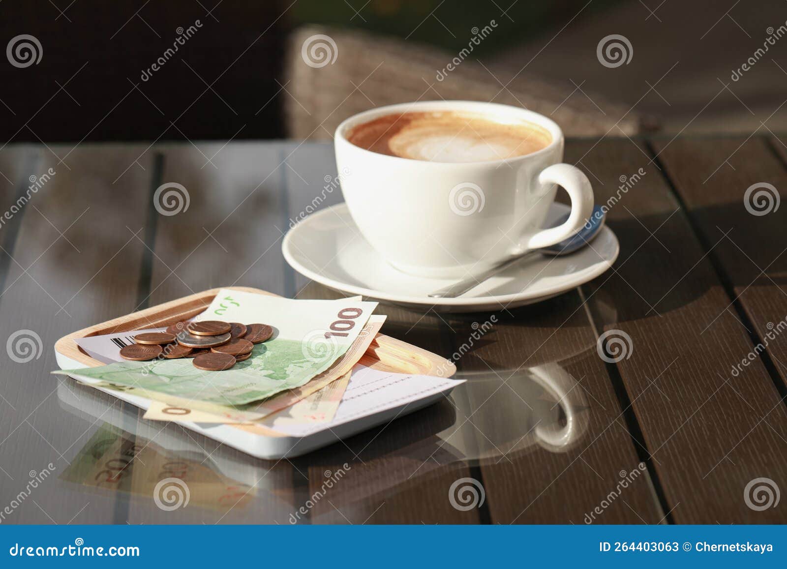 Tasty Hot Coffee and Payment for Order on Table. Leave Tip Stock Image ...