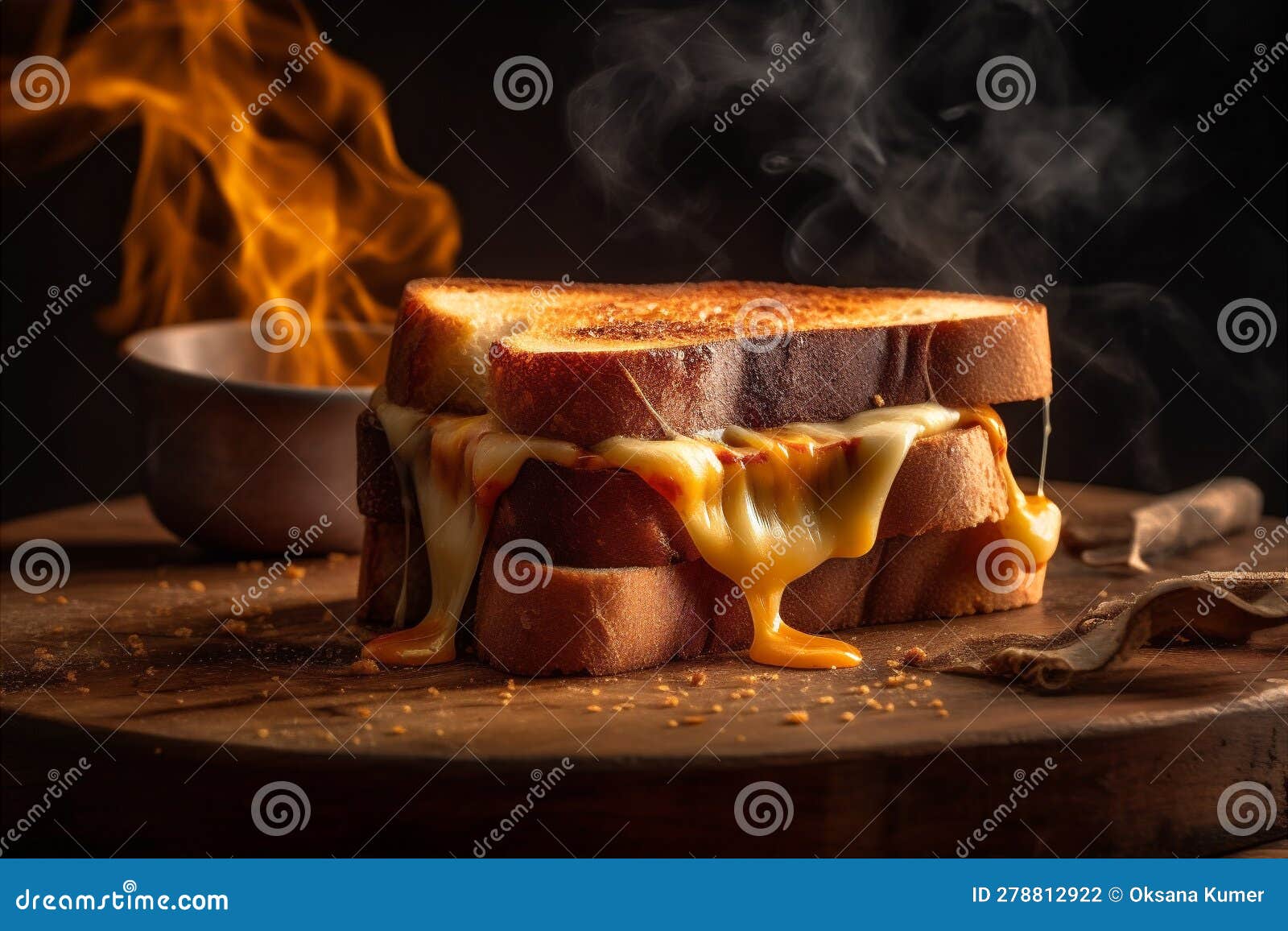 Tasty Hot Sliced Bread Sandwich with Melted Cheese on Fire. AI ...