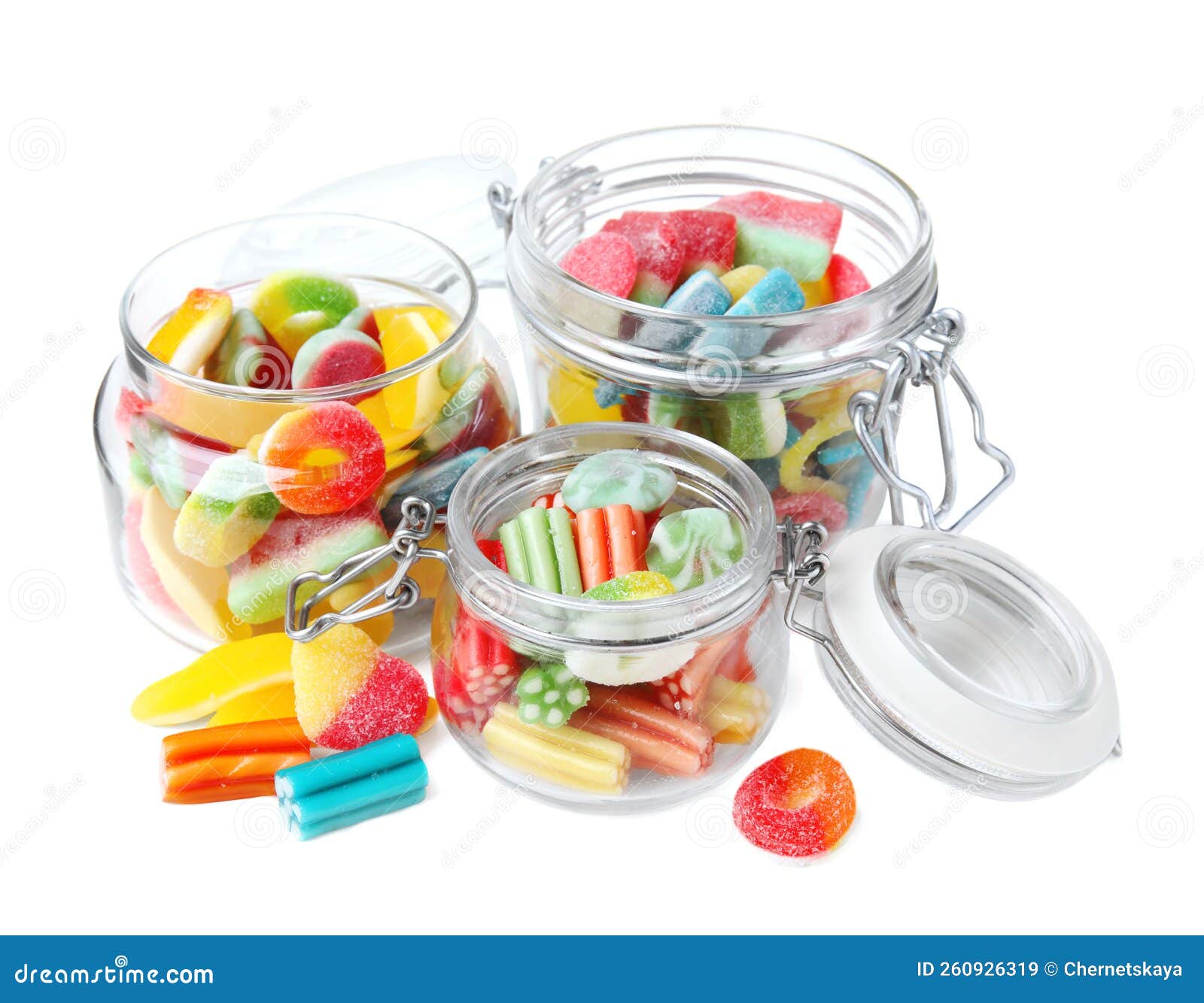 Tasty Jelly Candies in Jars on White Background Stock Image - Image of ...