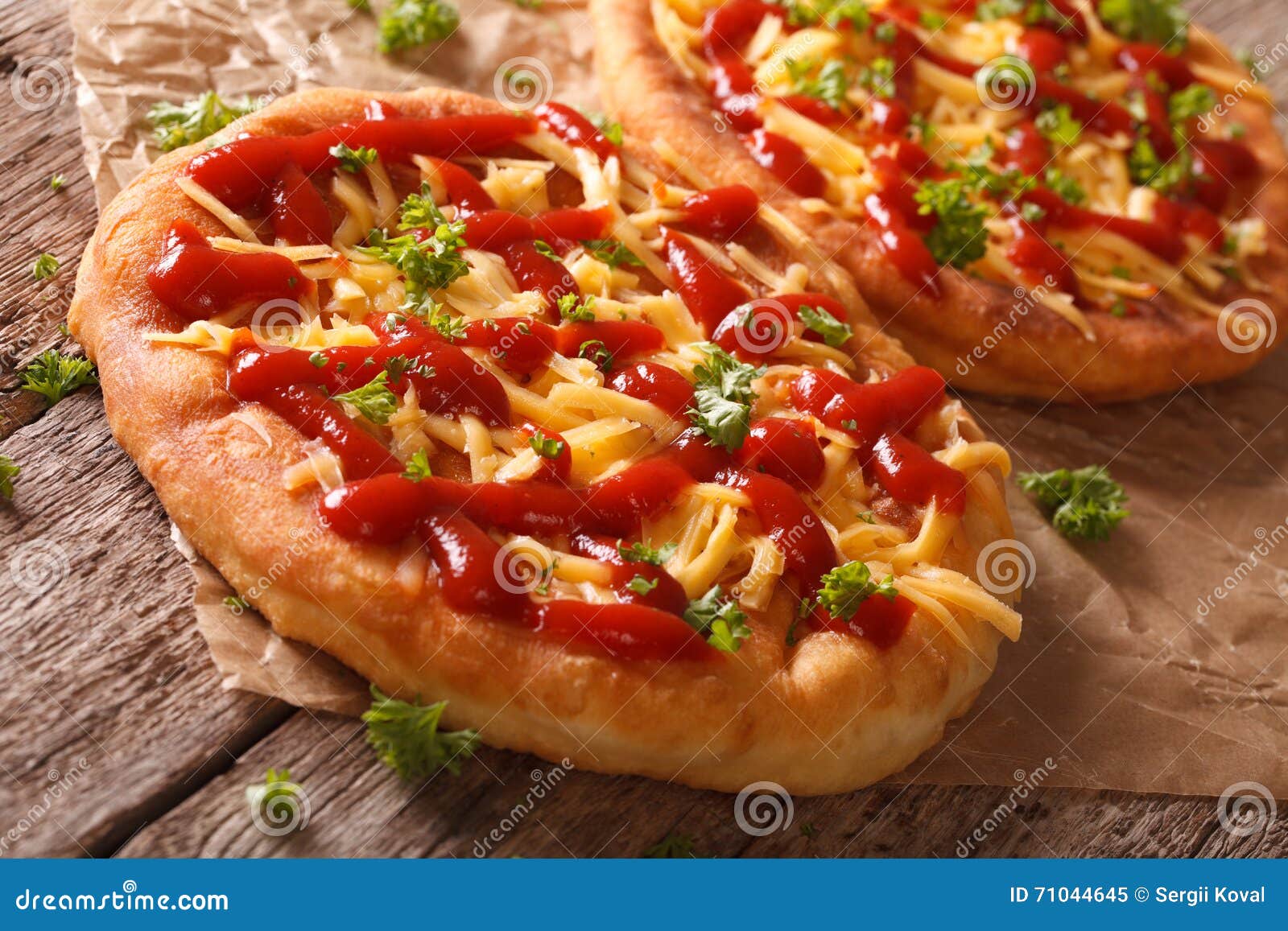 Tasty Langos with Cheese and Ketchup Close-up. Horizontal Stock Image ...