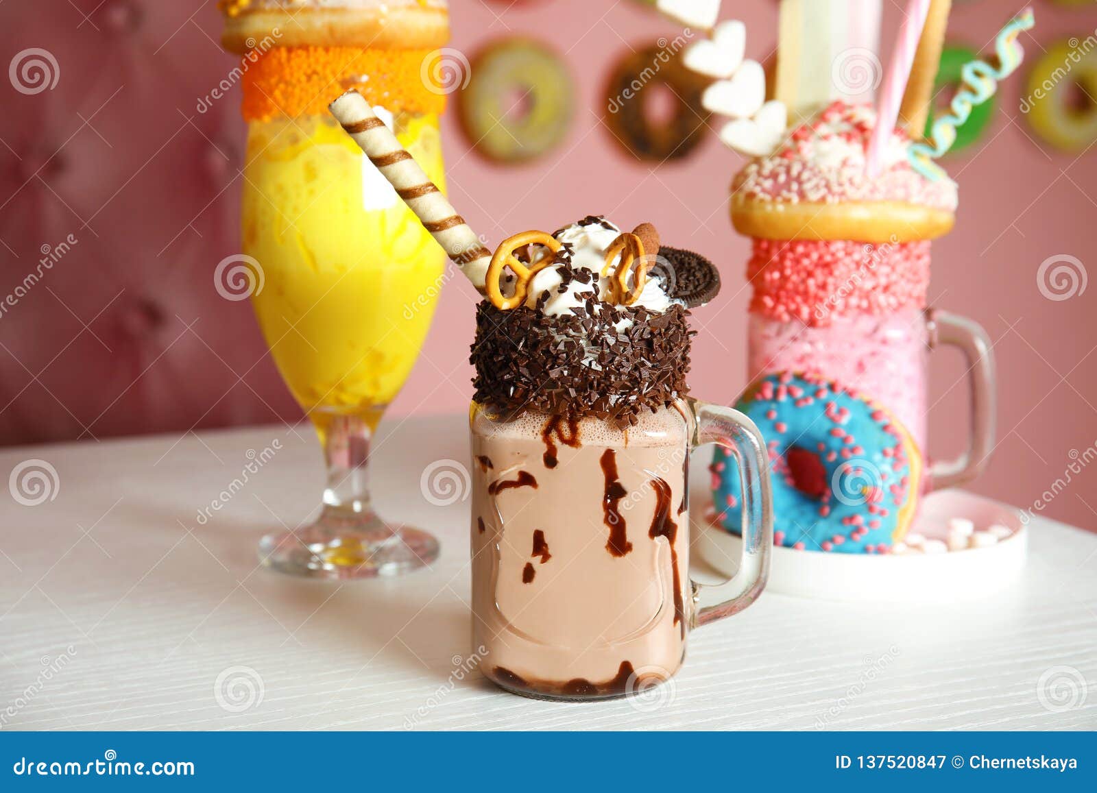 Tasty Milk Shakes with Sweets in Glassware Stock Image - Image of ...
