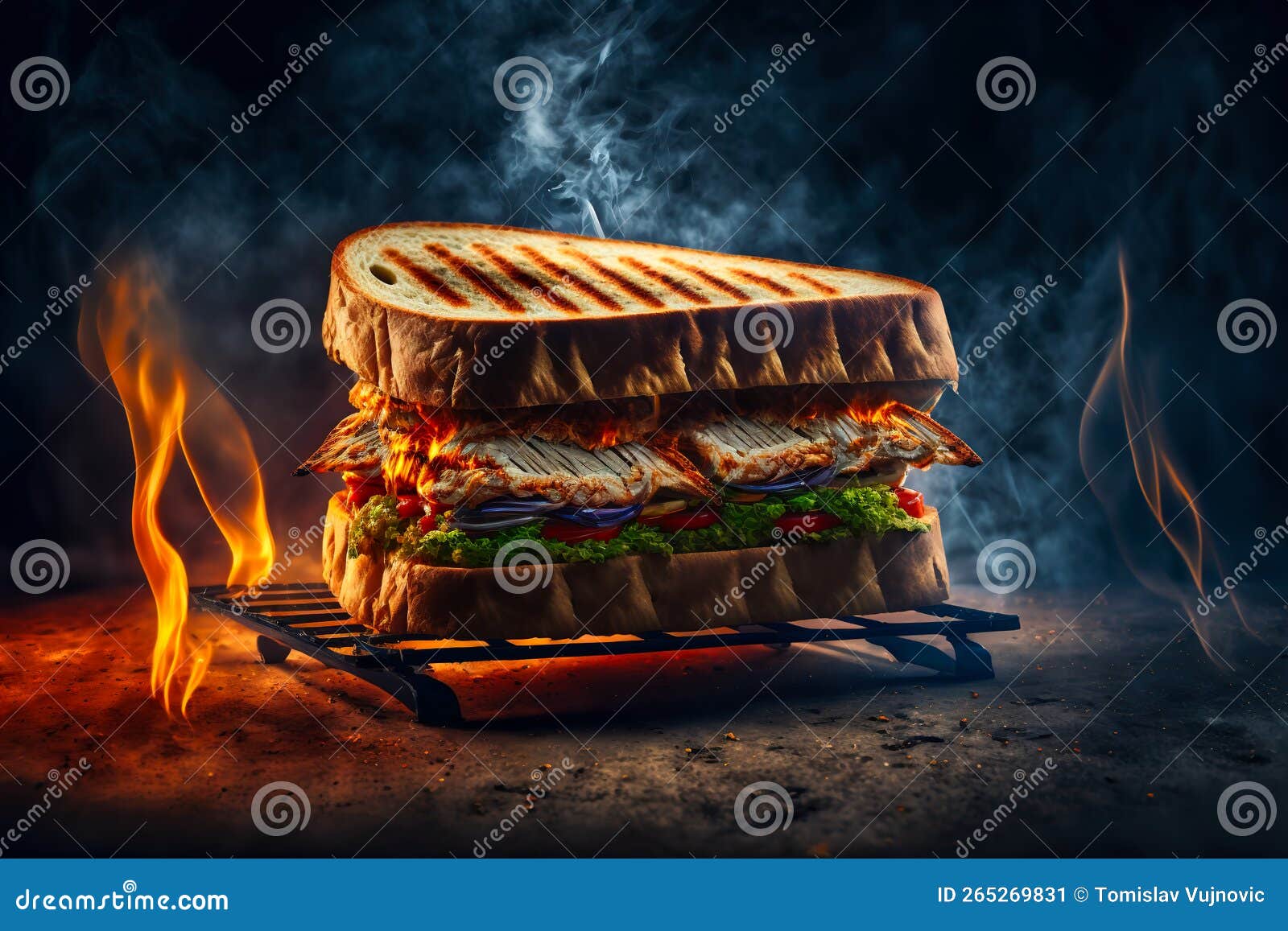 Tasty Panini Sandwich With Smoke And Fire Background Royalty-Free Stock ...