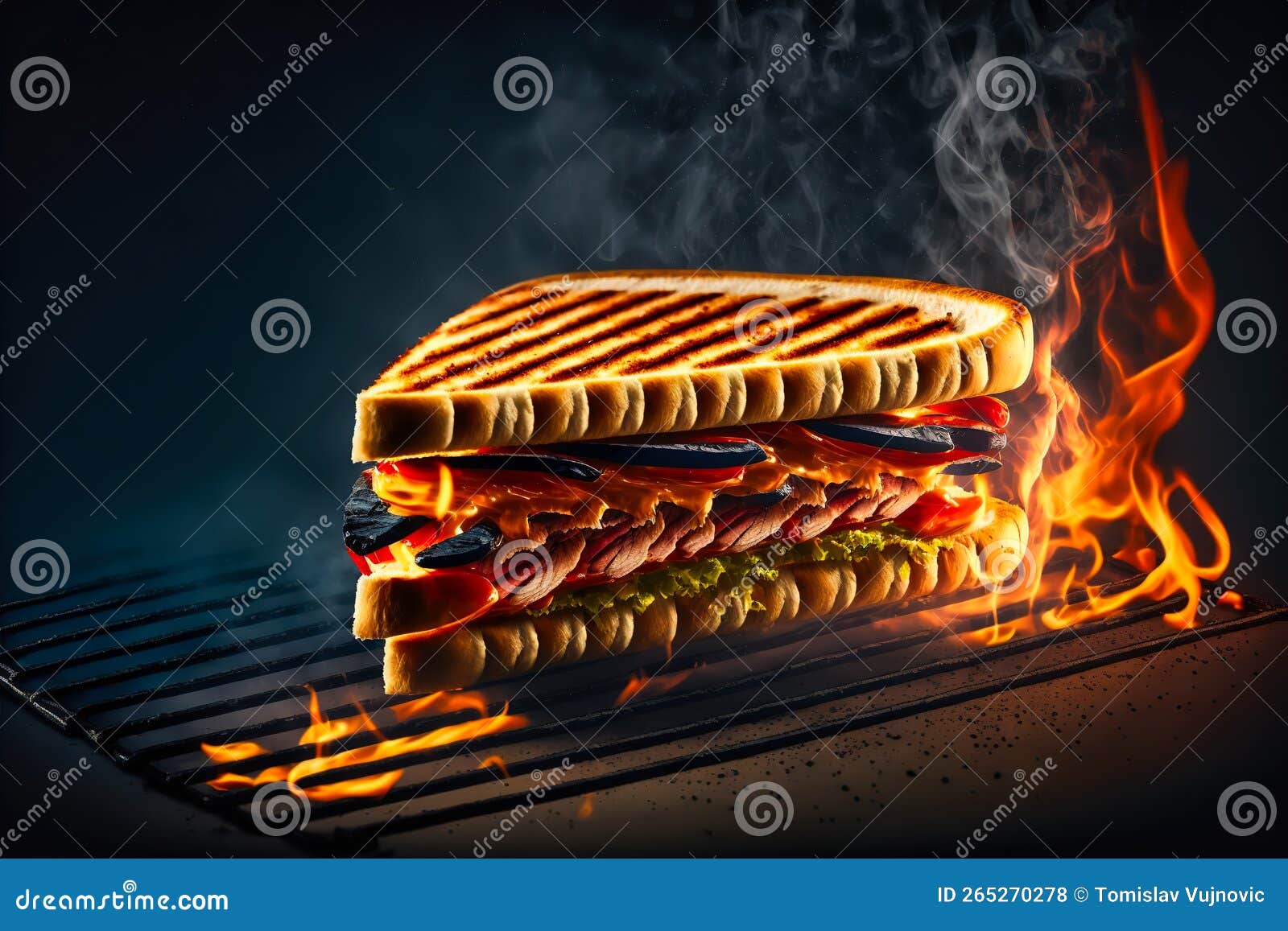 Tasty Panini Sandwich with Smoke and Fire Background Stock Illustration ...