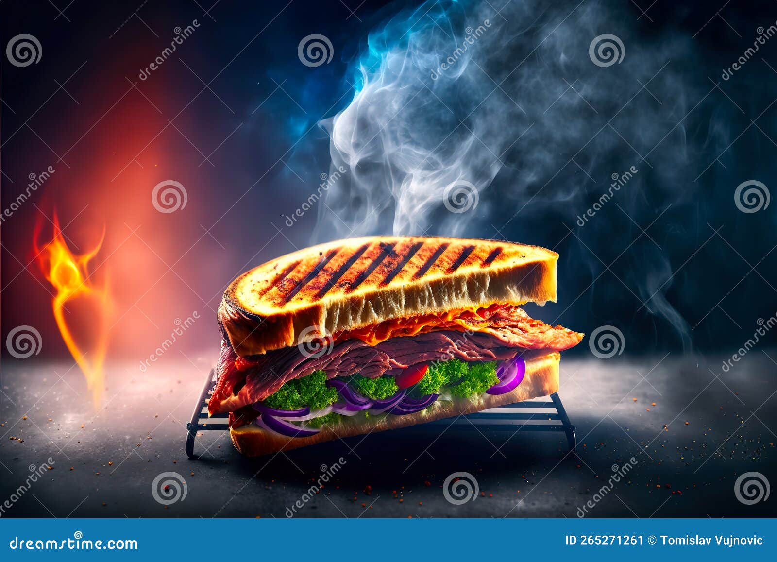 Tasty Panini Sandwich With Smoke And Fire Background Royalty-Free Stock ...