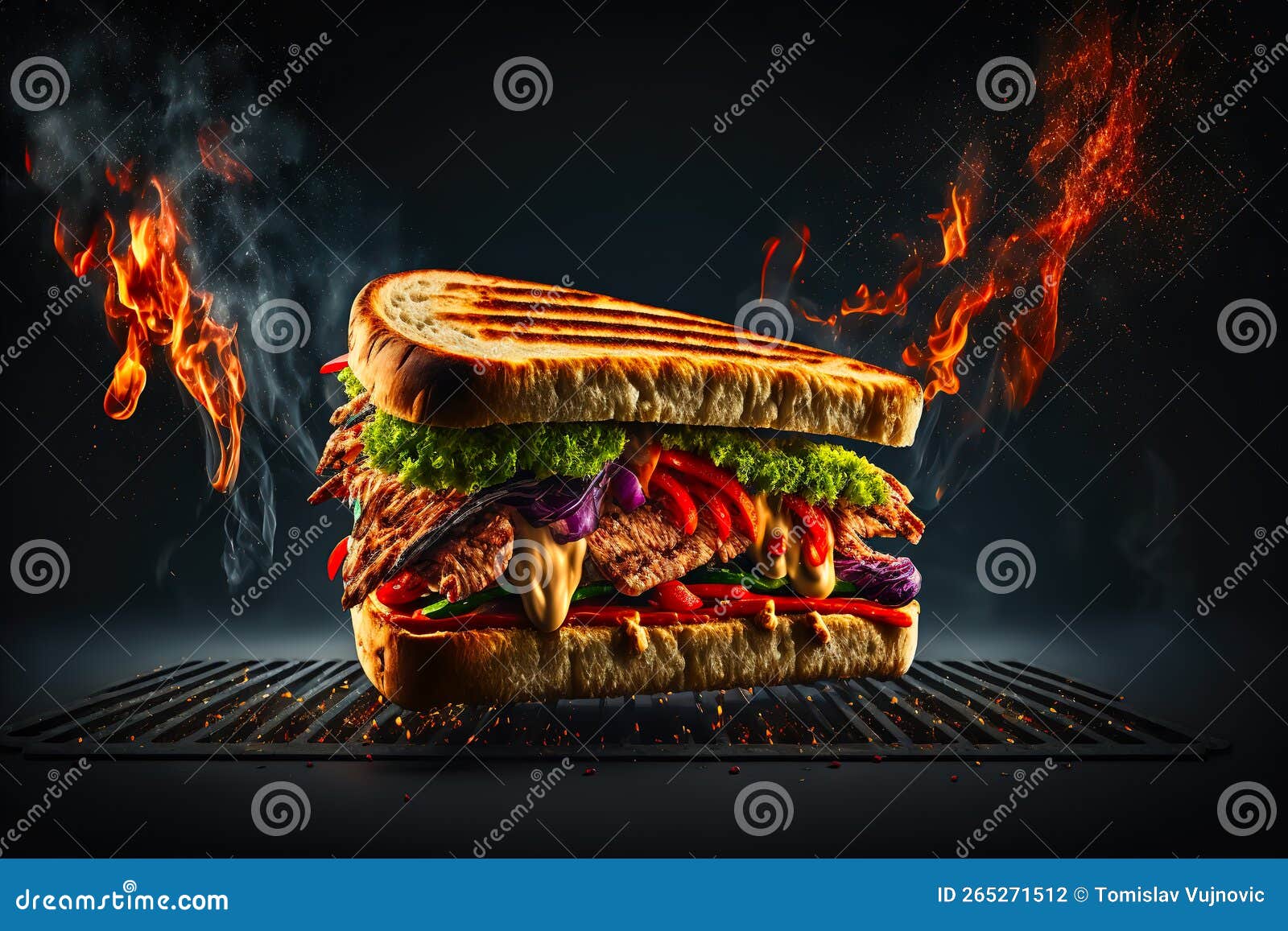 Tasty Panini Sandwich With Smoke And Fire Background Royalty-Free Stock ...