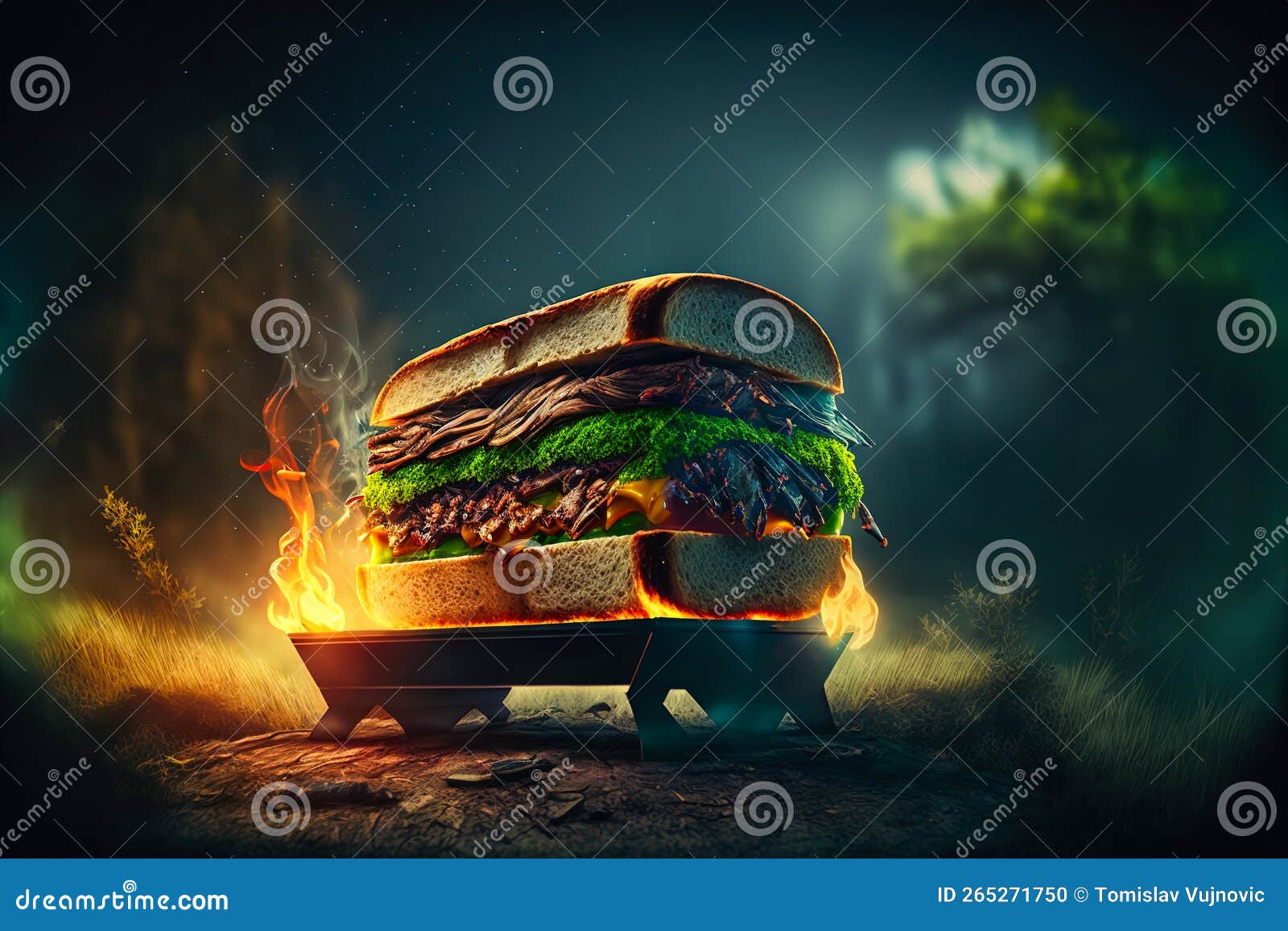 Tasty Panini Sandwich With Smoke And Fire Background Royalty-Free Stock ...