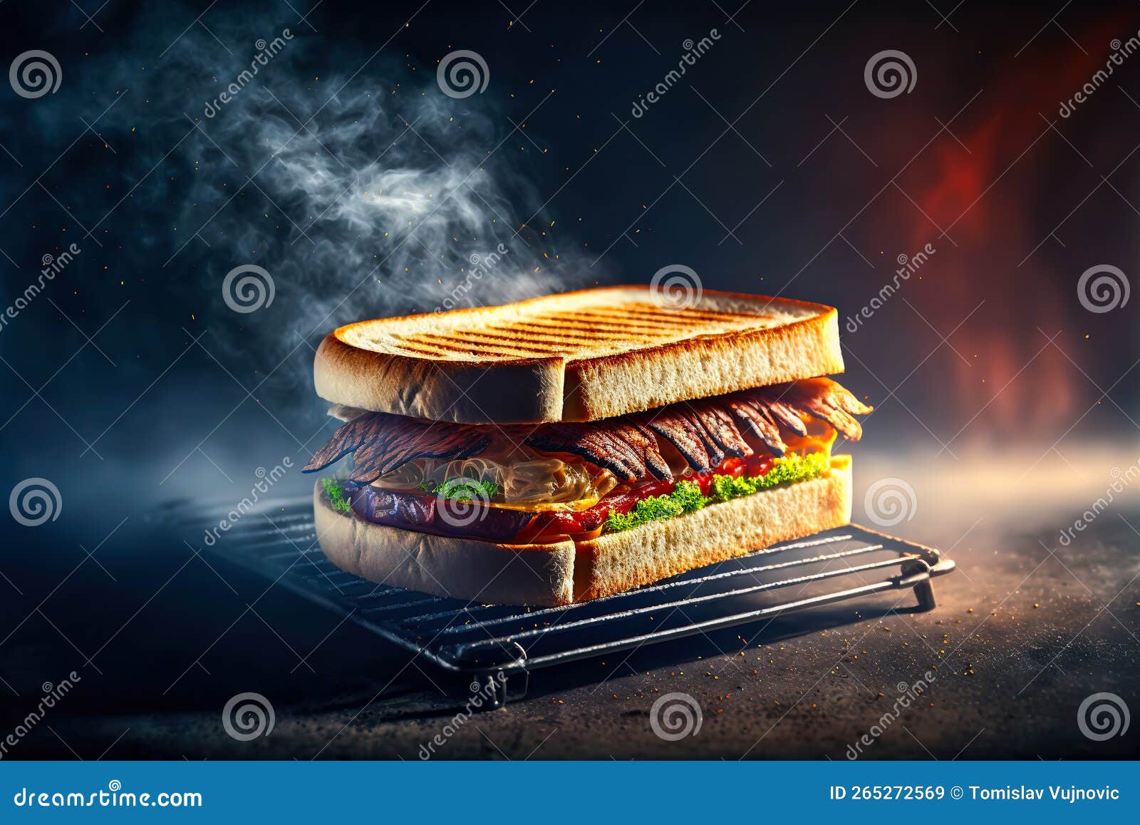 Tasty Panini Sandwich With Smoke And Fire Background Royalty-Free Stock ...