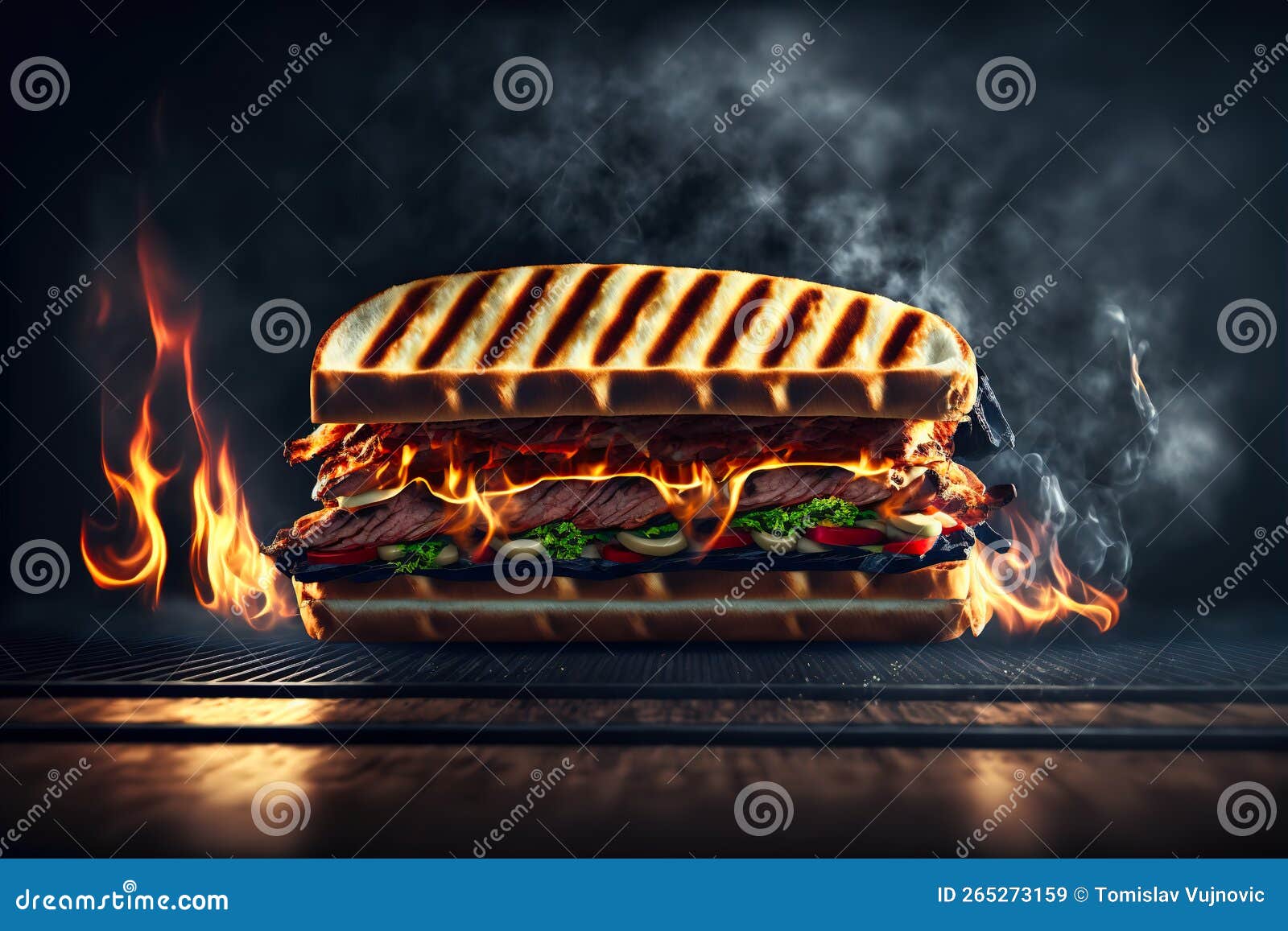 Tasty Panini Sandwich With Smoke And Fire Background Royalty-Free Stock ...