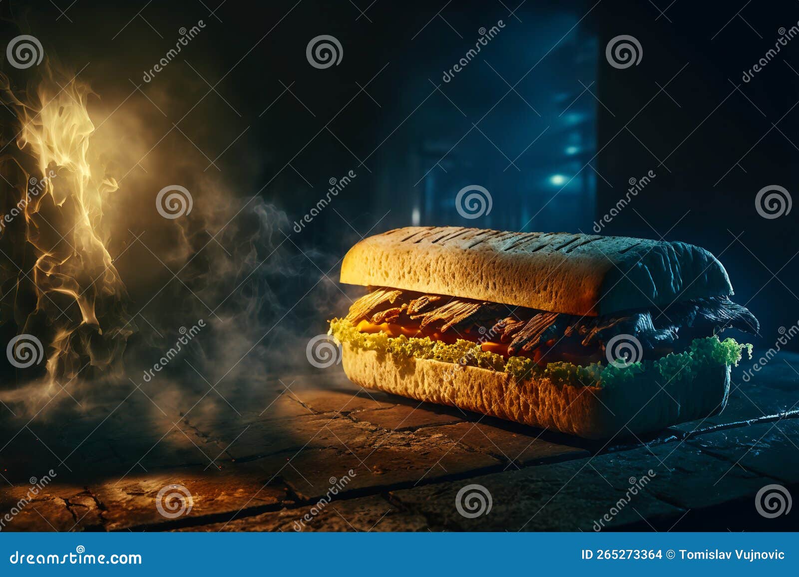 Tasty Panini Sandwich With Smoke And Fire Background Royalty-Free Stock ...