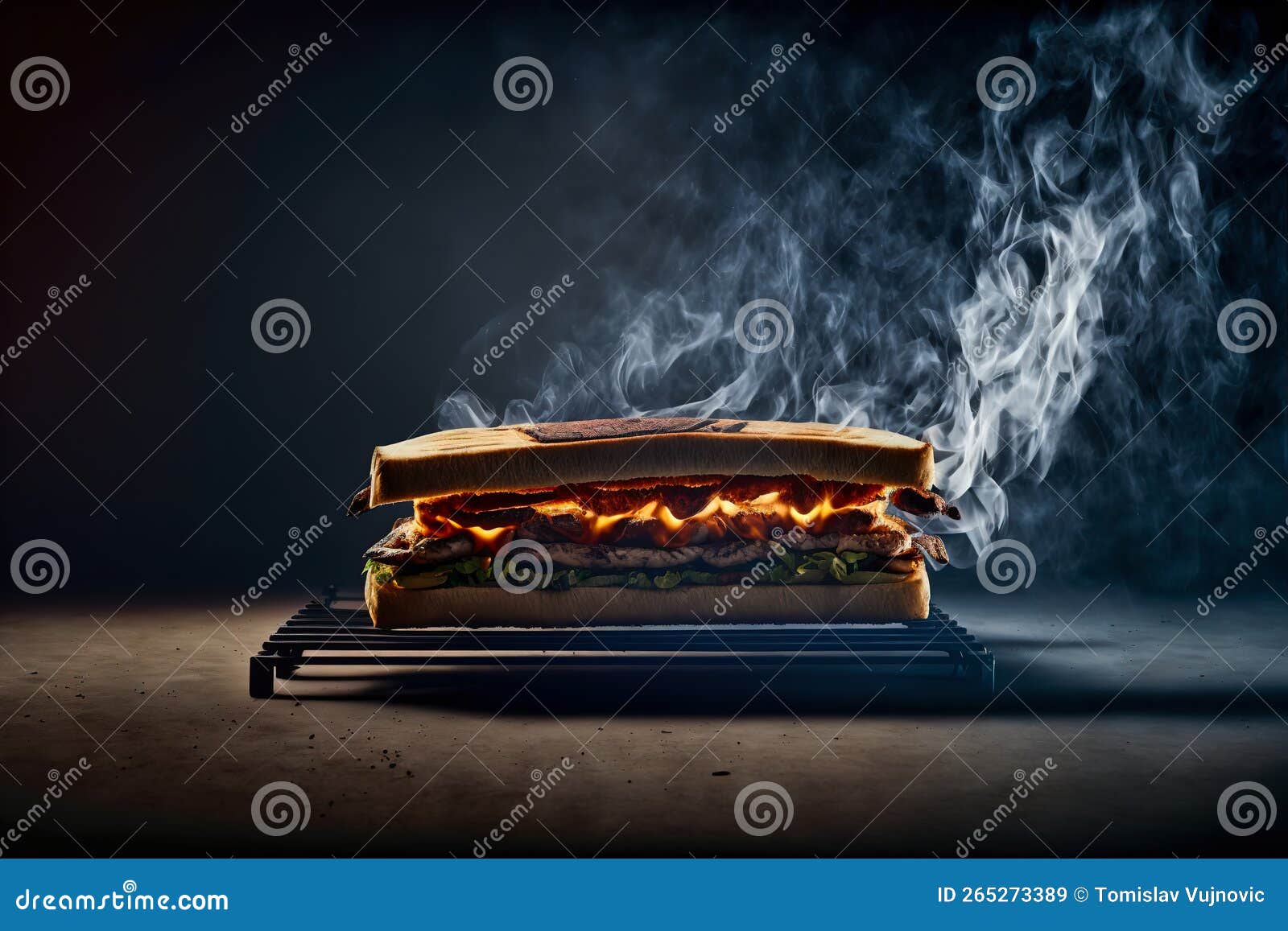 Tasty Panini Sandwich With Smoke And Fire Background Royalty-Free Stock ...