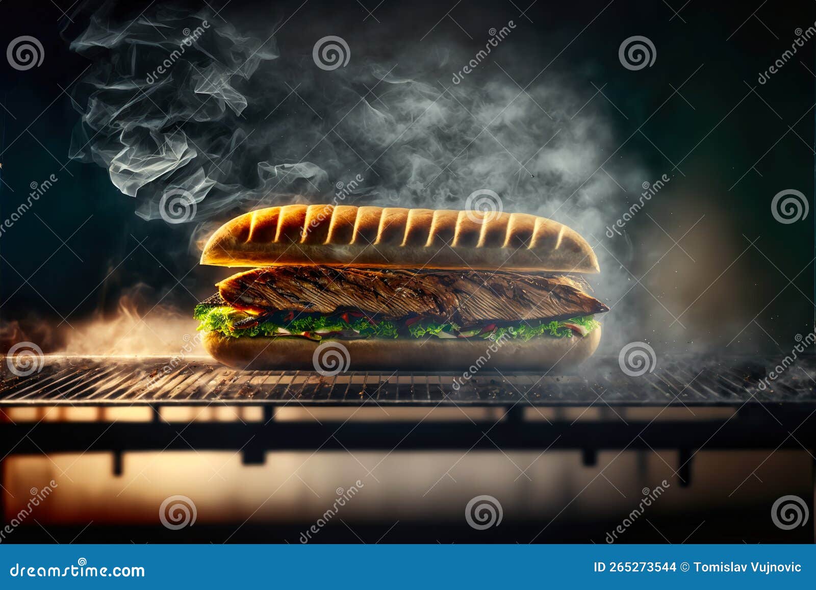 Tasty Panini Sandwich With Smoke And Fire Background Royalty-Free Stock ...