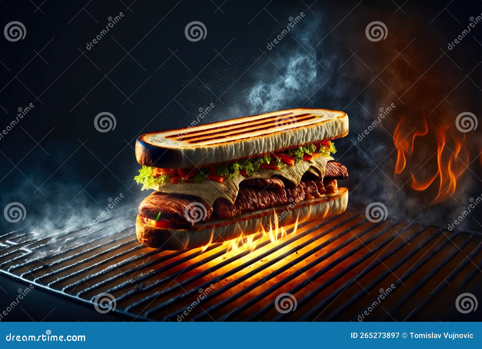 Tasty Panini Sandwich With Smoke And Fire Background Royalty-Free Stock ...