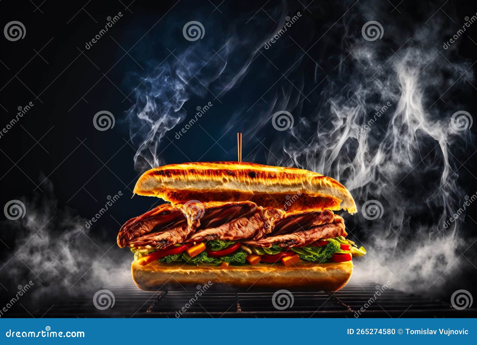 Tasty Panini Sandwich With Smoke And Fire Background Royalty-Free Stock ...