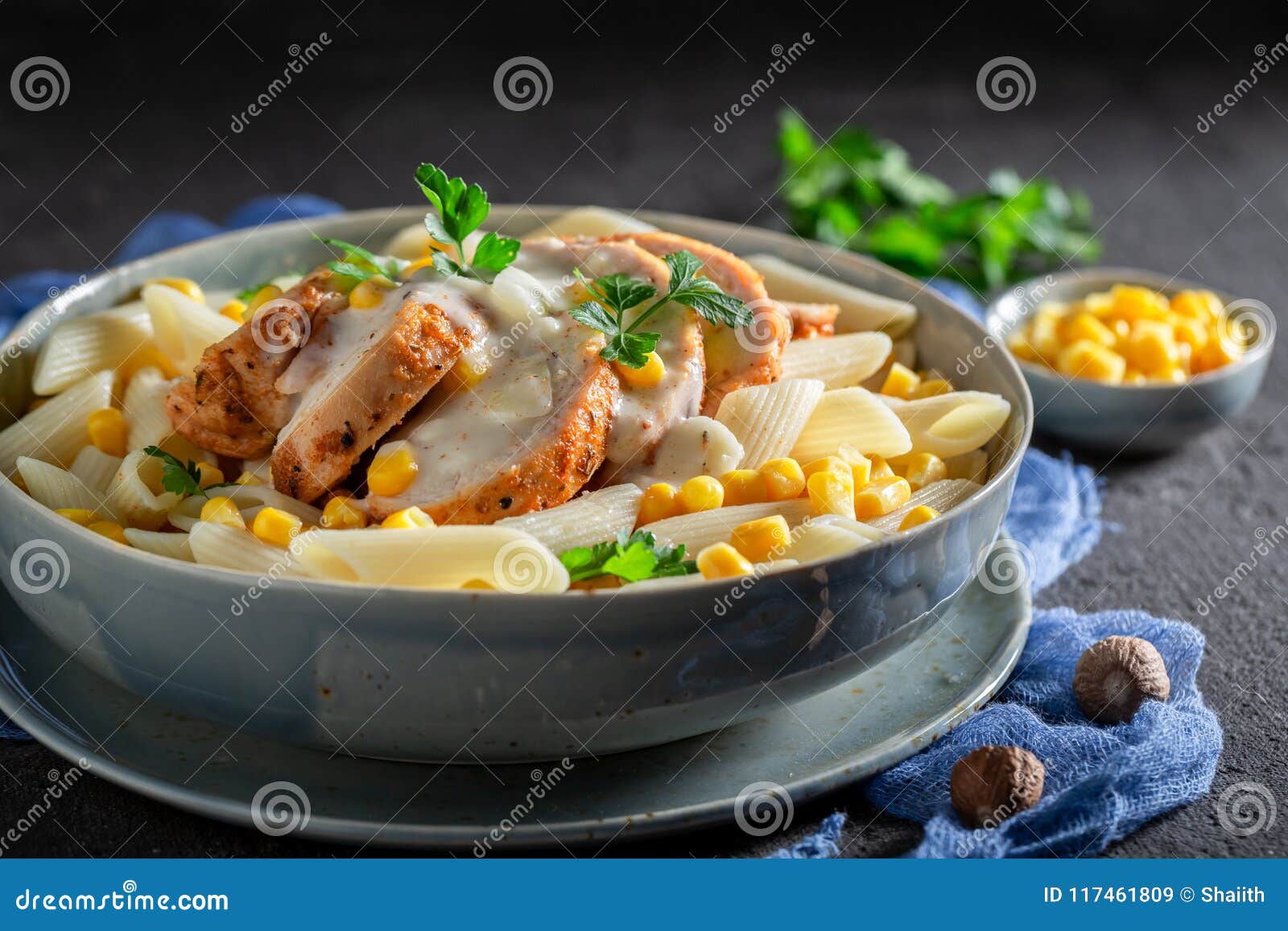 Tasty Pasta with Bechamel Sauce, Chicken and Corn Stock Image - Image ...