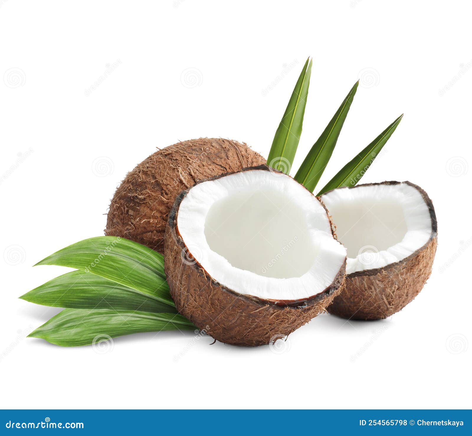 Tasty Ripe Coconuts and Green Leaves on White Background Stock Photo ...