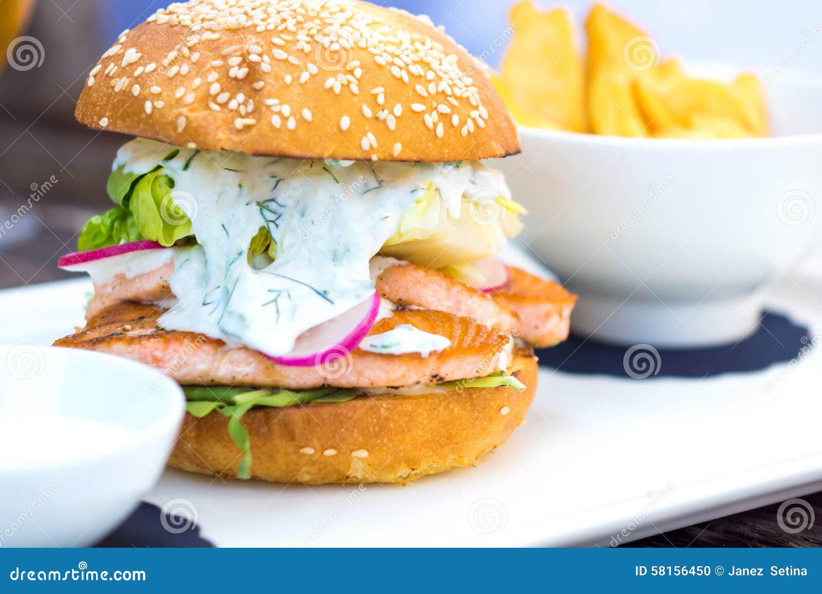 Tasty salmon fish burger stock photo. Image of vegan - 58156450