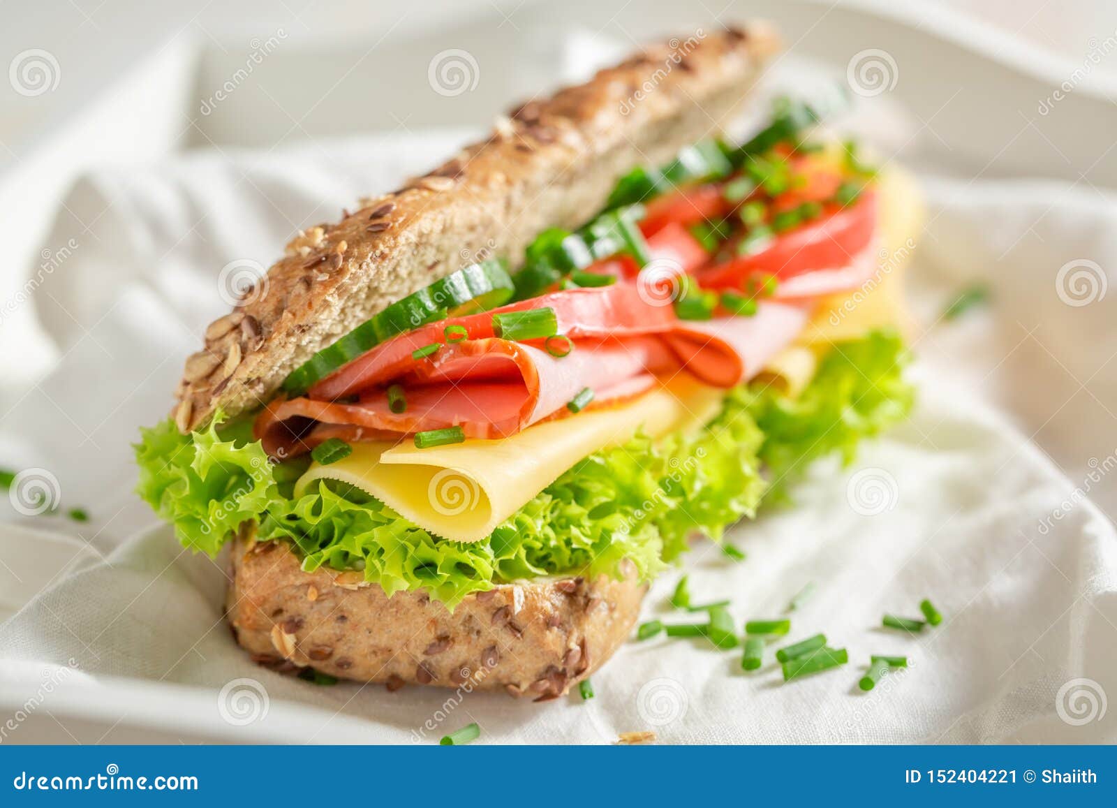Tasty Sandwich with Cheese, Ham and Chive for Breakfast Stock Image ...
