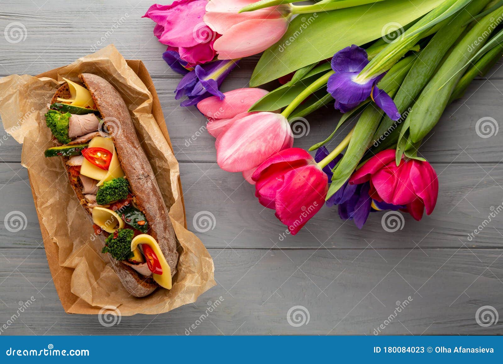 Tasty Sandwich and Flowers Top View Stock Image - Image of tulips ...