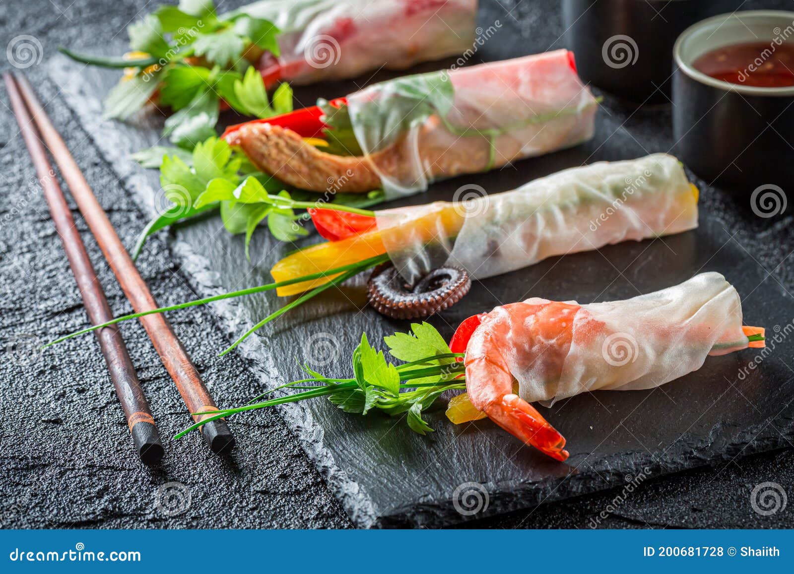 Tasty Spring Rolls Made of Seafood and Vegetables Stock Photo - Image ...