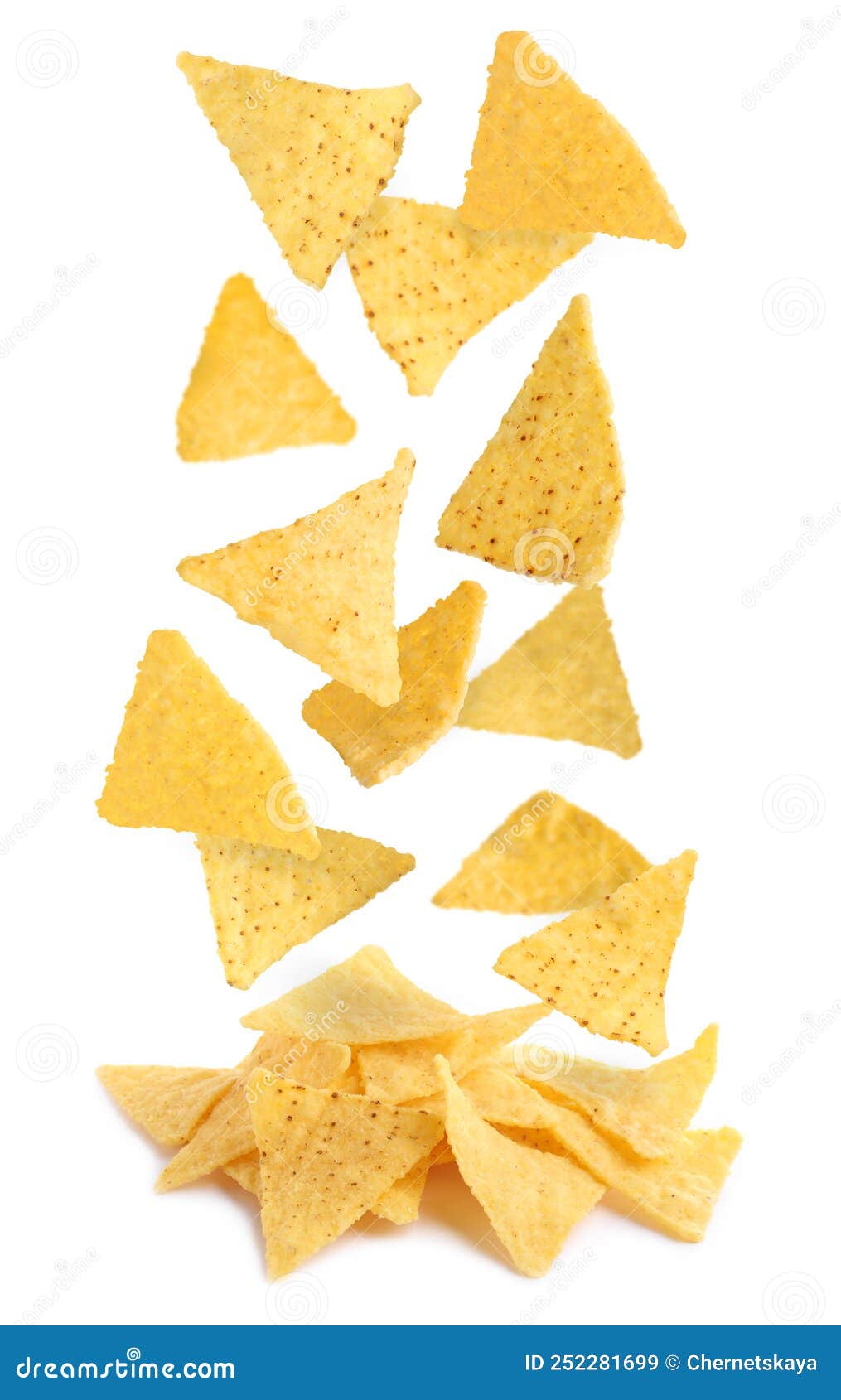 Tasty Tortilla Chips Nachos Falling into Pile on White Background Stock ...