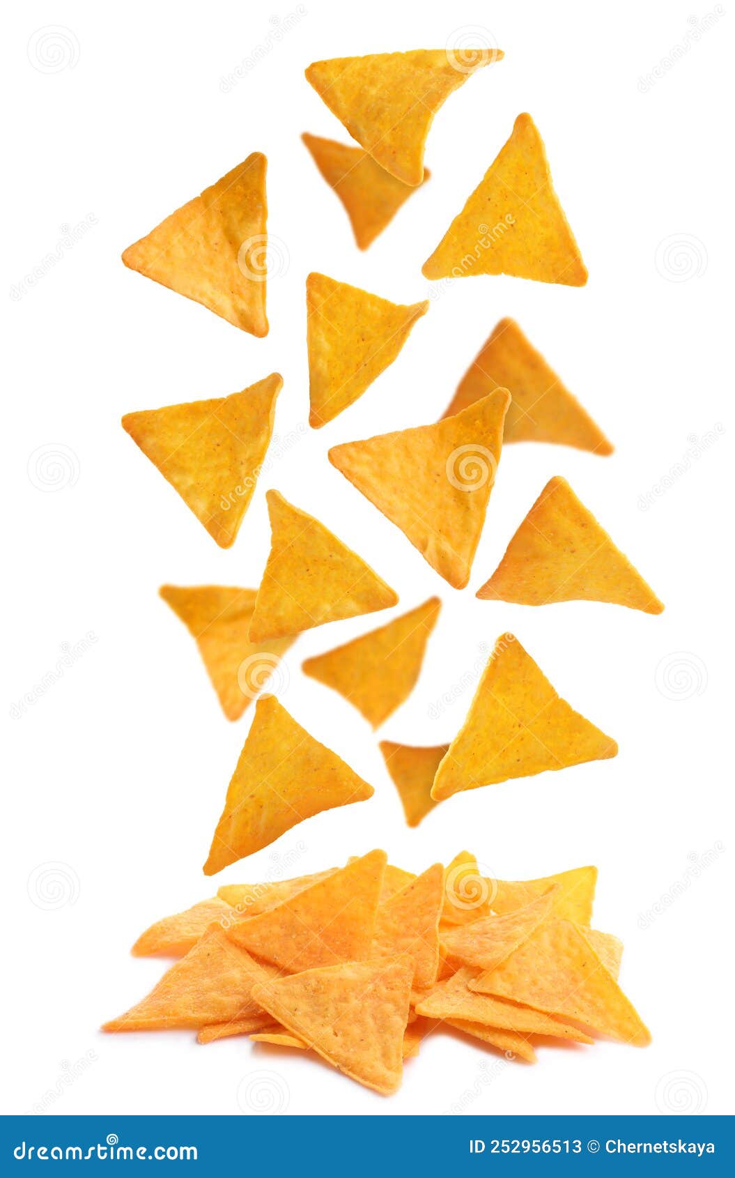 Tasty Tortilla Chips Nachos Falling into Pile on White Background Stock ...