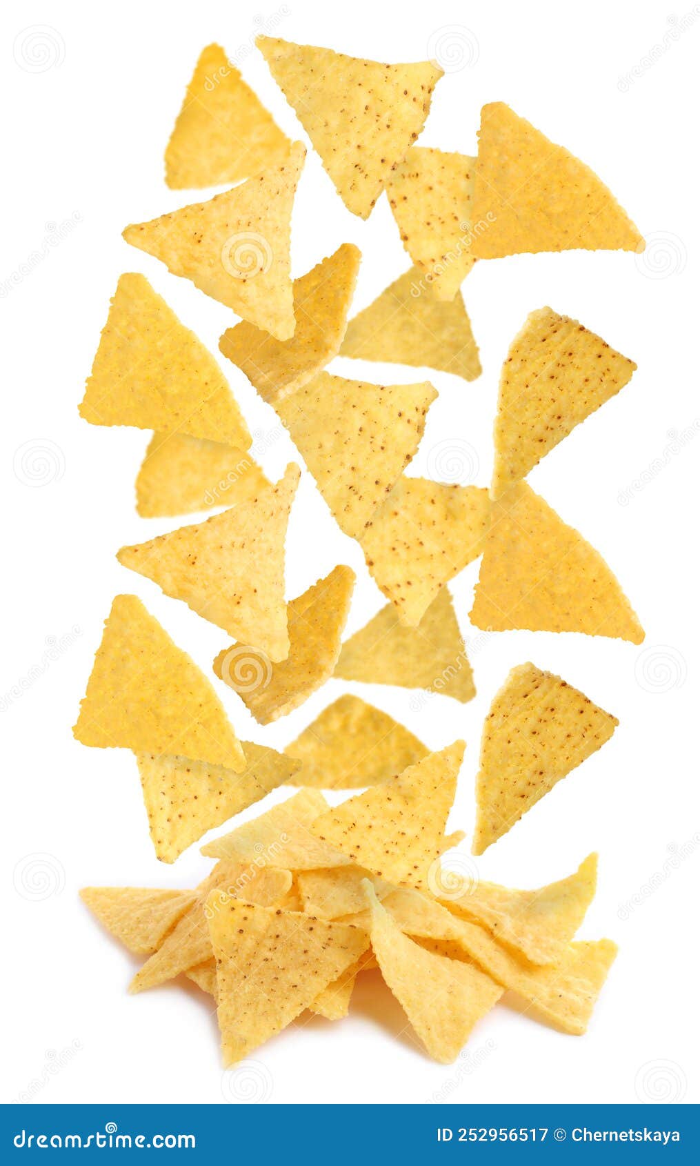 Tasty Tortilla Chips Nachos Falling into Pile on White Background Stock ...