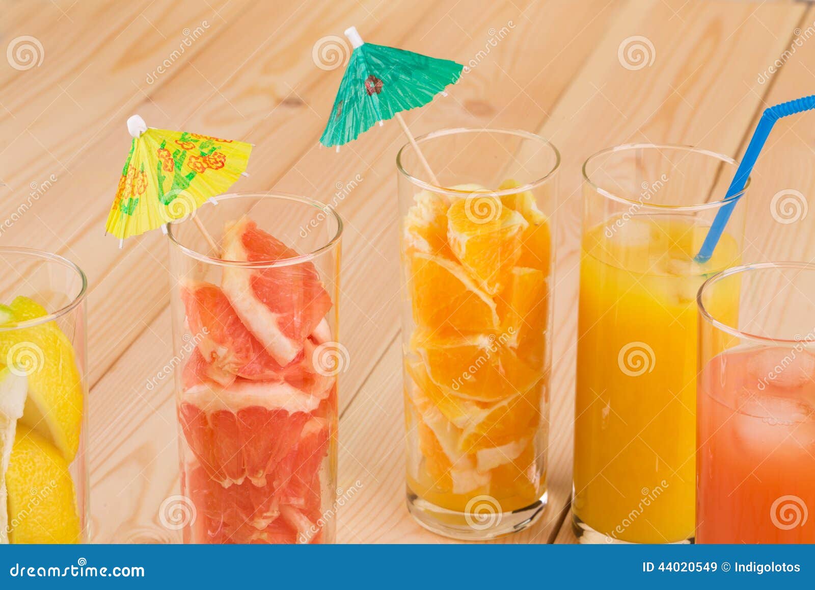 Tasty Various Juices on Wood Table. Stock Image - Image of straw, full ...