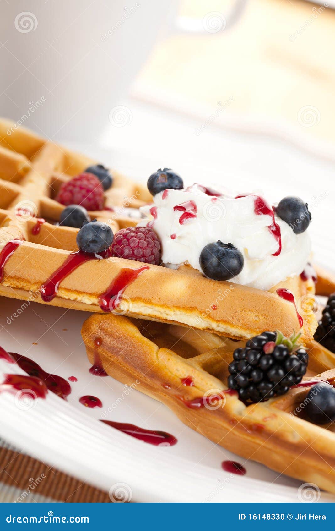 Tasty Waffle With Fruit, Berries And Topping On White Background ...