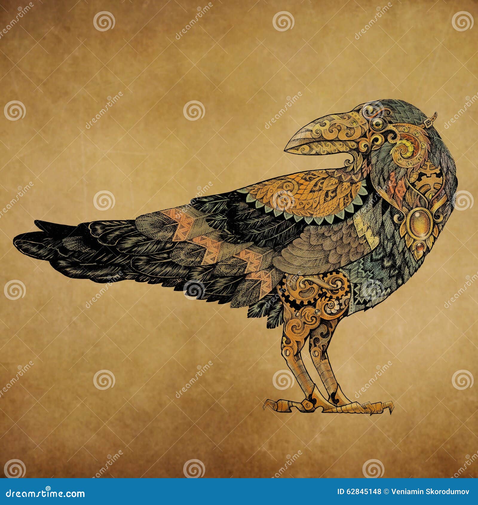 Tatouage, Dotwork Raven Dans Le Style De Steampunk Illustration Stock ...