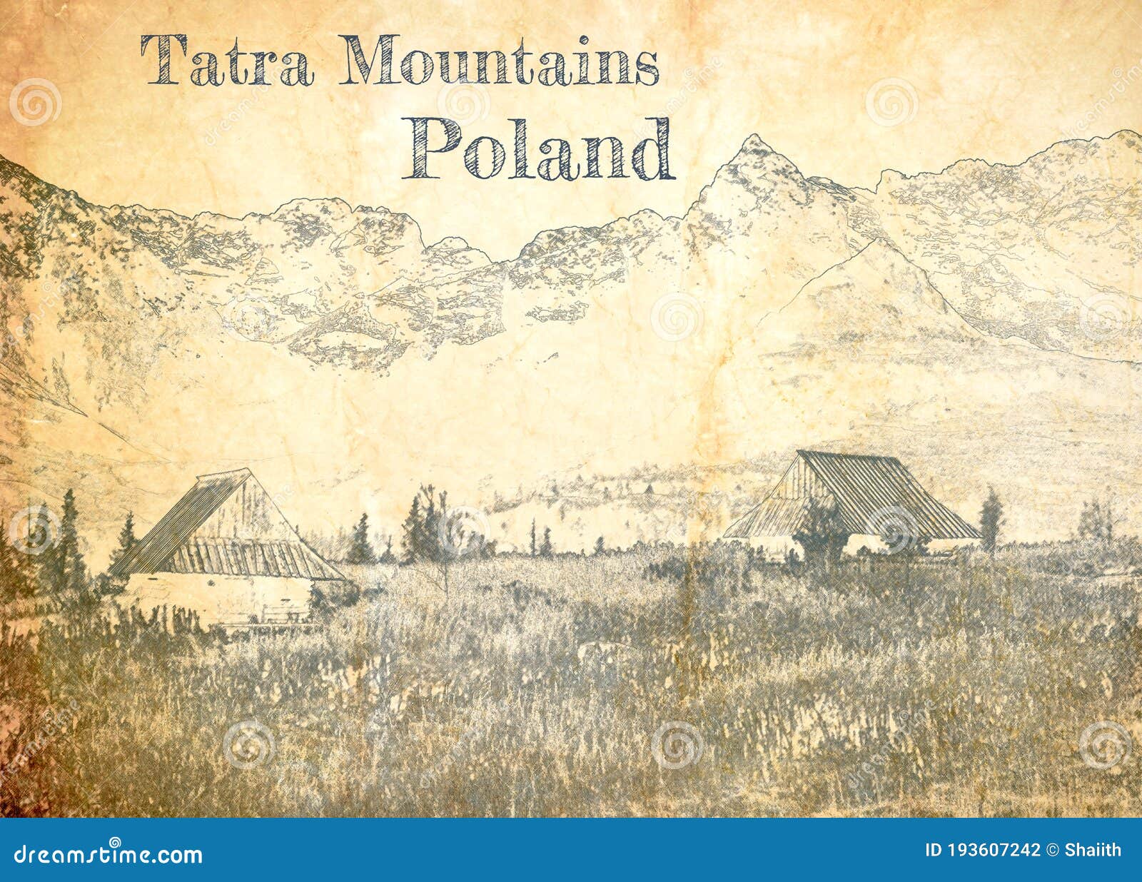 Tatra Mountain in Poland, Sketch on Old Paper Stock Photo - Image of ...