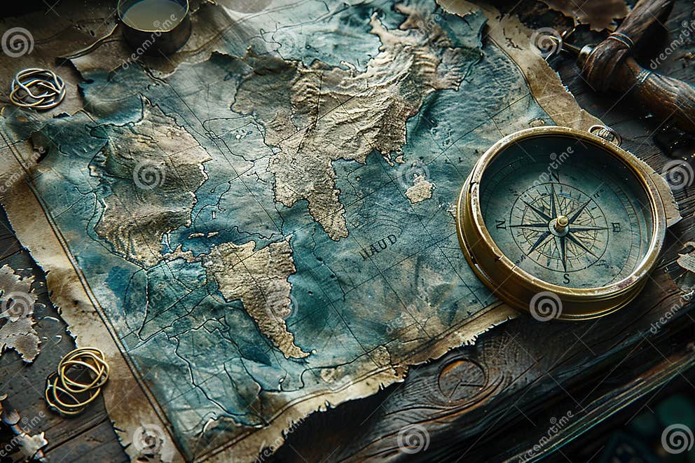Tattered Map and Compass on an Explorers Table the Edges Blur with the ...