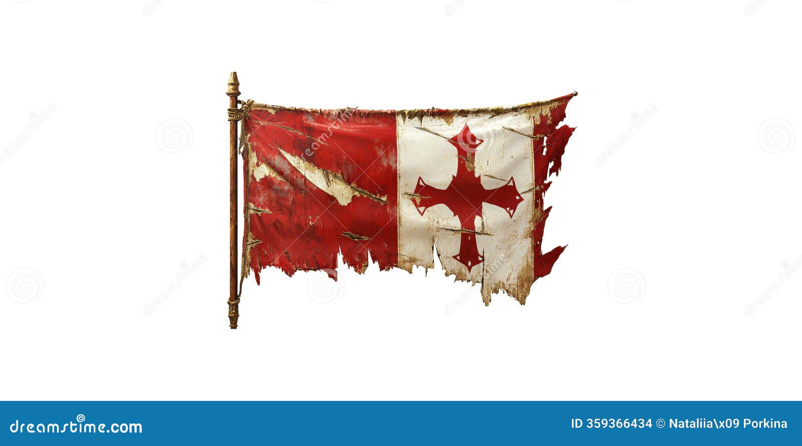 Tattered Medieval Flag with Red and White Design Isolated on ...