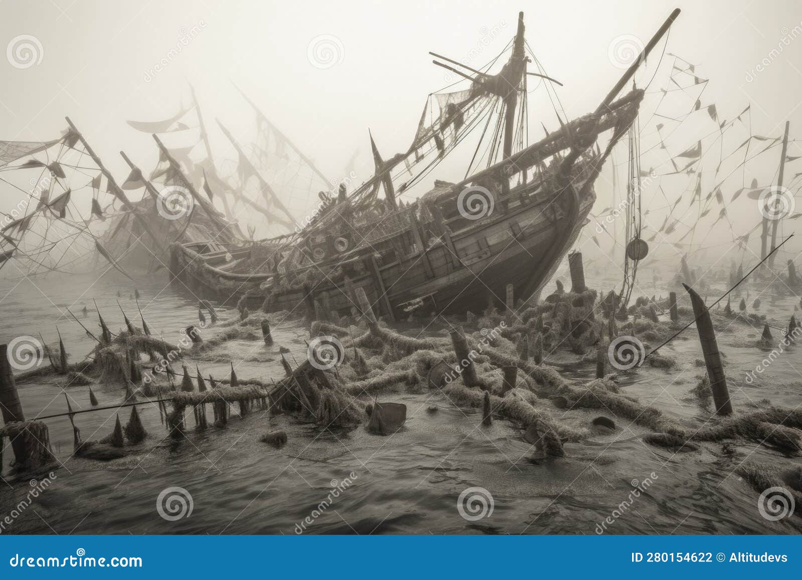 Tattered Sails and Broken Masts of Sunken Ship, Surrounded by Schools ...