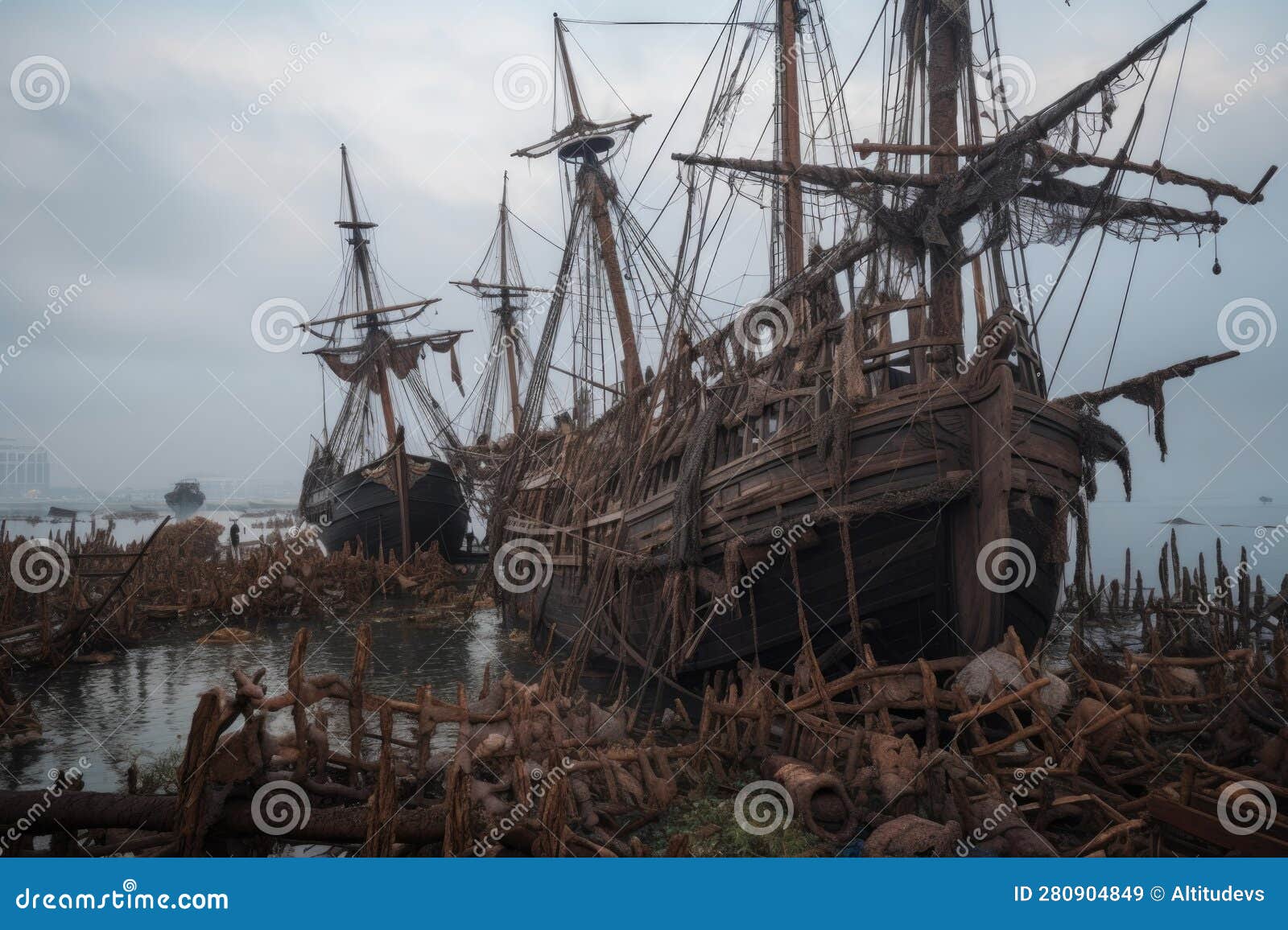Tattered Sails And Broken Masts Of Sunken Ship, Surrounded By Schools ...