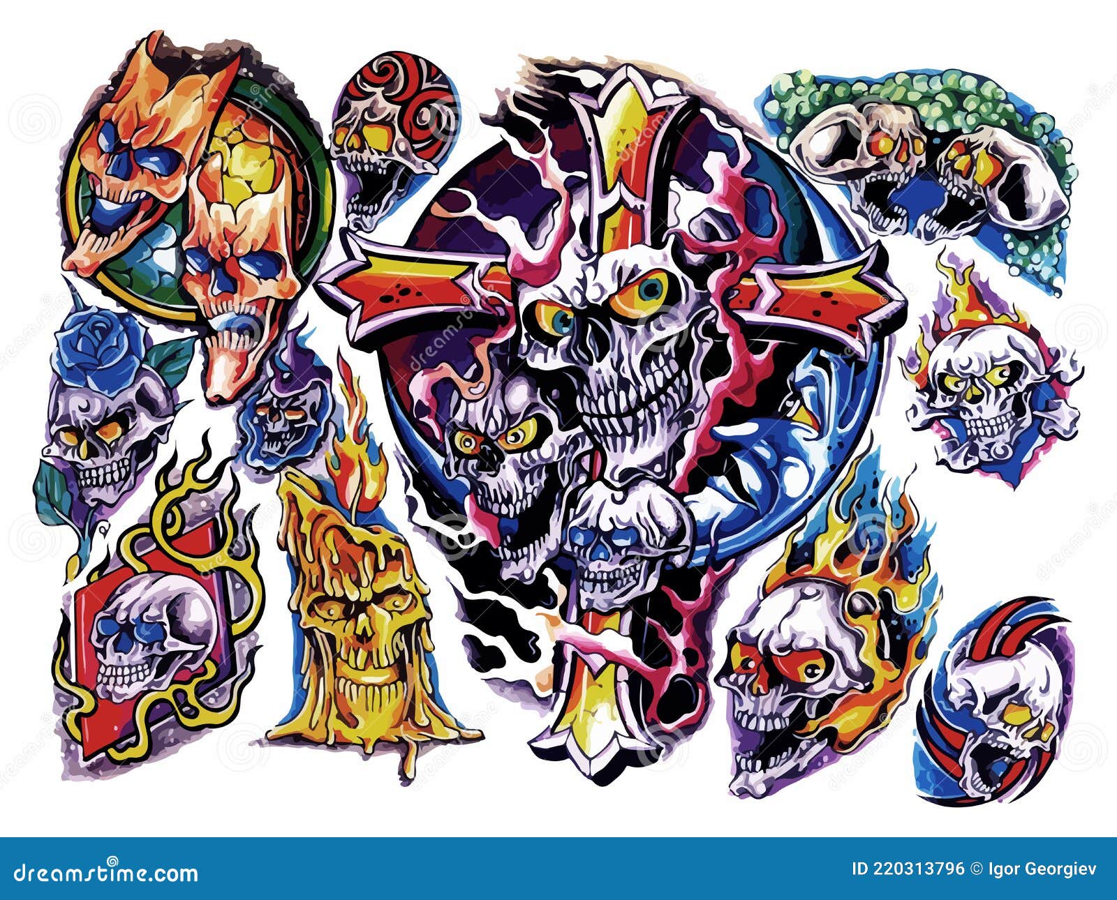 Newskool Skull Tattoo Flash Set. Set Of Labels And Elements. Vector Set ...