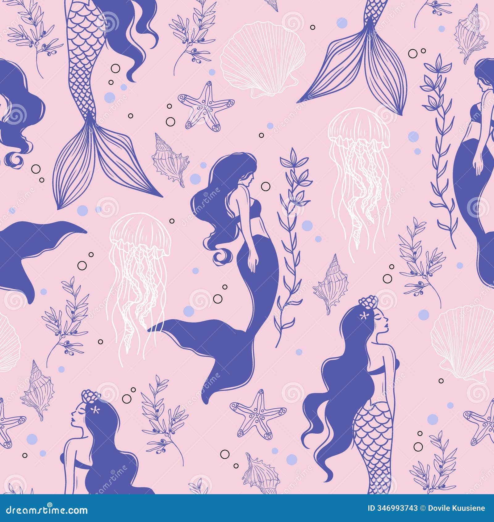 Pastel Pink Modern Tattoo Style Seamless Pattern with Mermaids, Shells ...