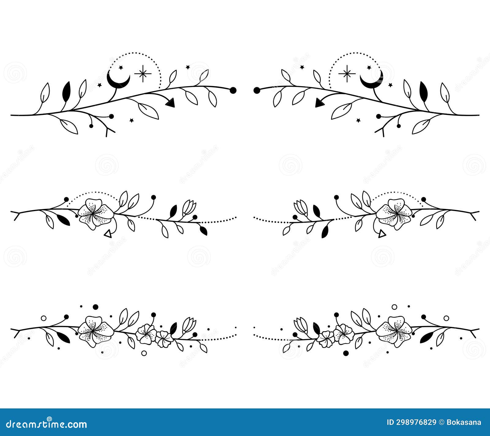 Set of Dotwork Horizontal Floral Tattoo with Moon, Stars and Geometry ...