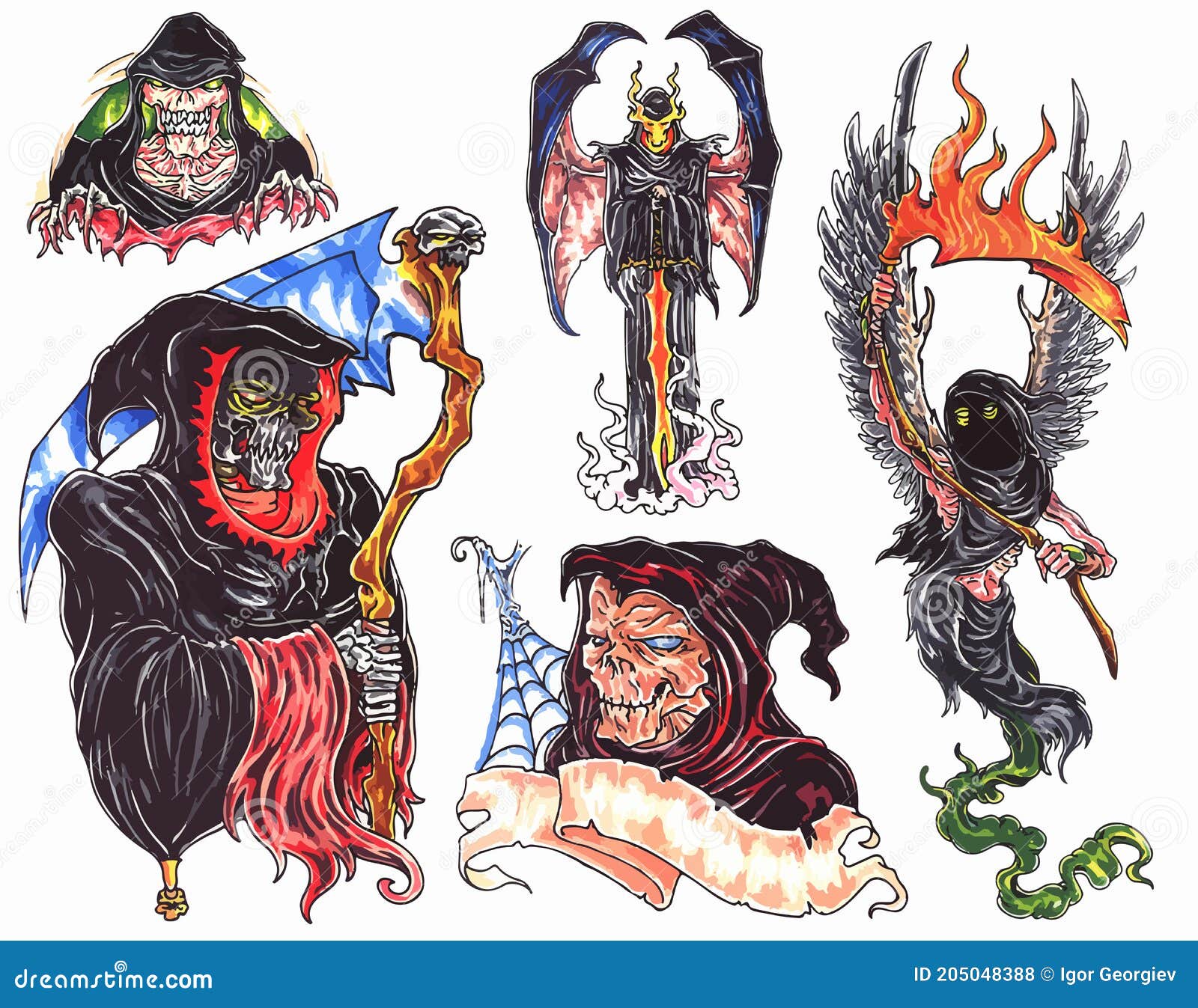Death Tattoo Flash Set. Set of Horror Labels and Elements. Vector ...