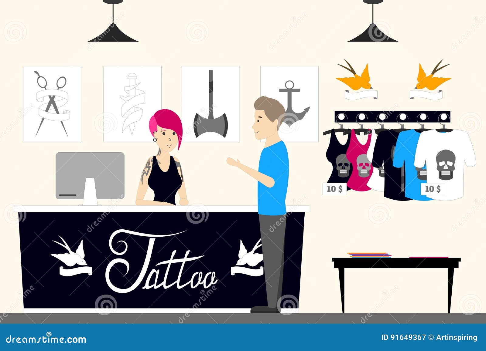 Tattoo salon reception. stock vector. Illustration of shop - 91649367