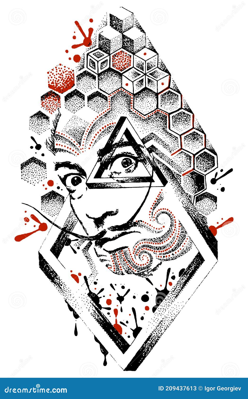 Tattoo Sketch of Salvador Dali. Set of Labels and Elements. Vector Set ...