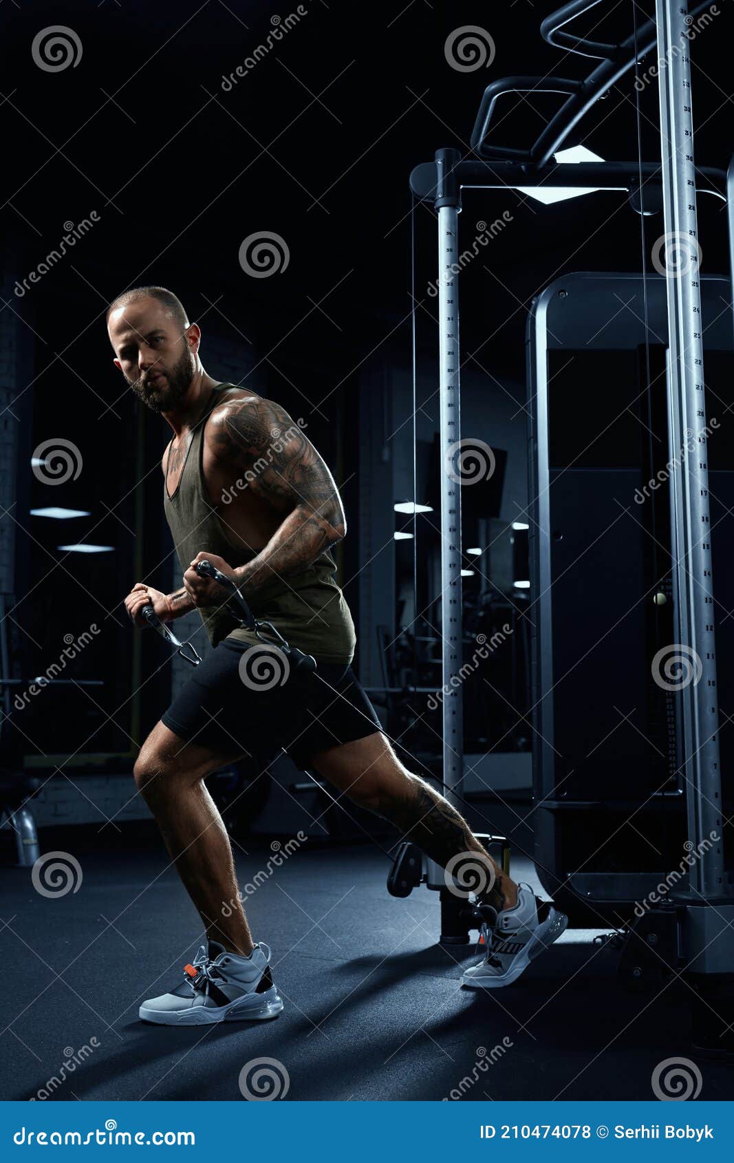 Tattooed Bodybuilder Doing Crossover Chest Exercise. Stock Photo ...