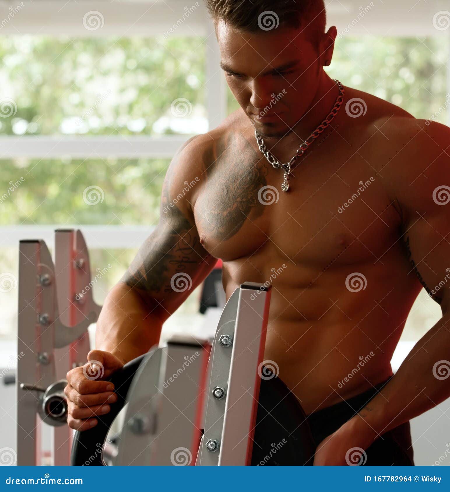 Tattooed Bodybuilder Puts Weight Plate on Barbell Stock Photo - Image ...