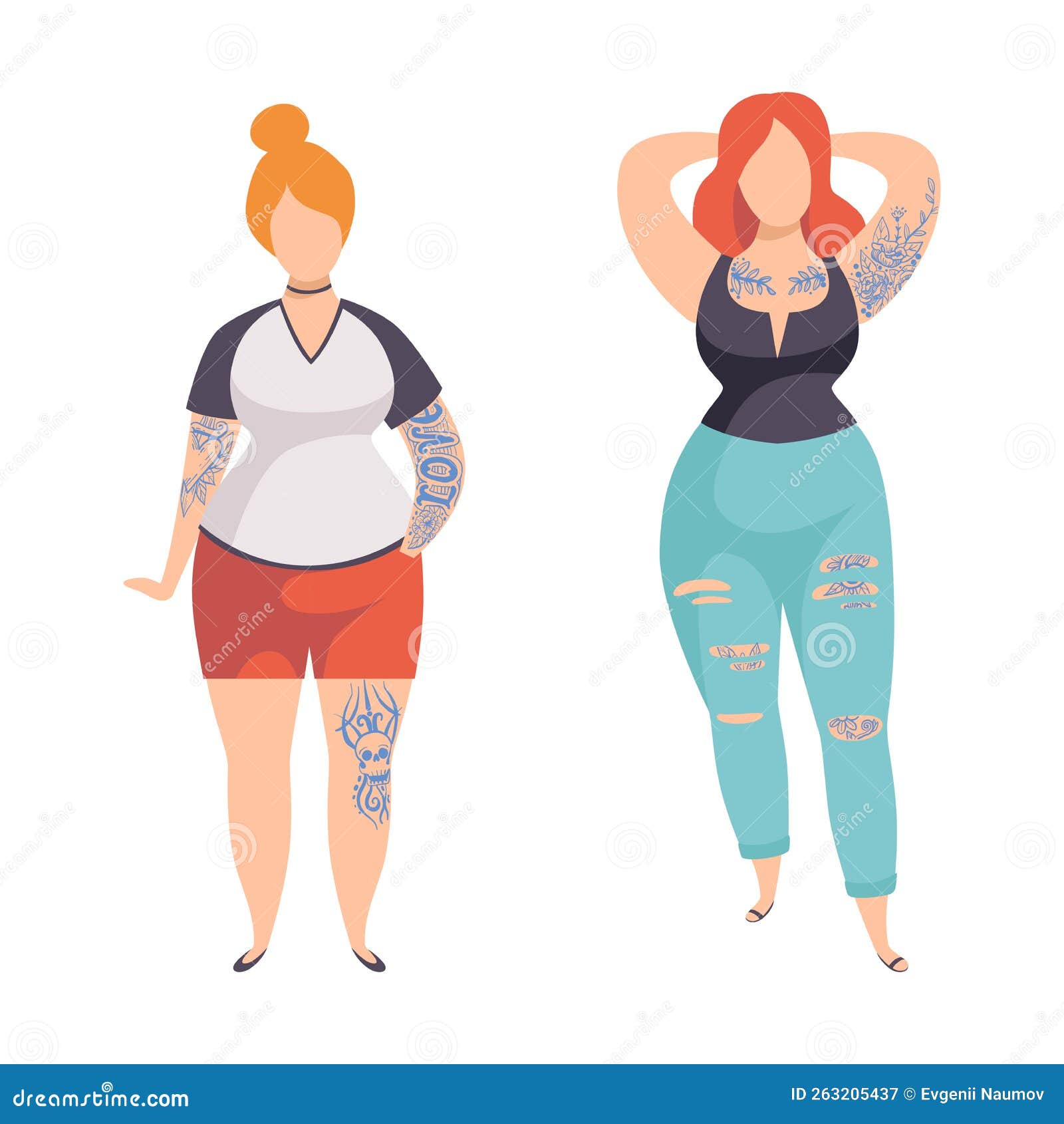 Tattooed Or Inked Woman In Standing Pose With Slim And Plump Body