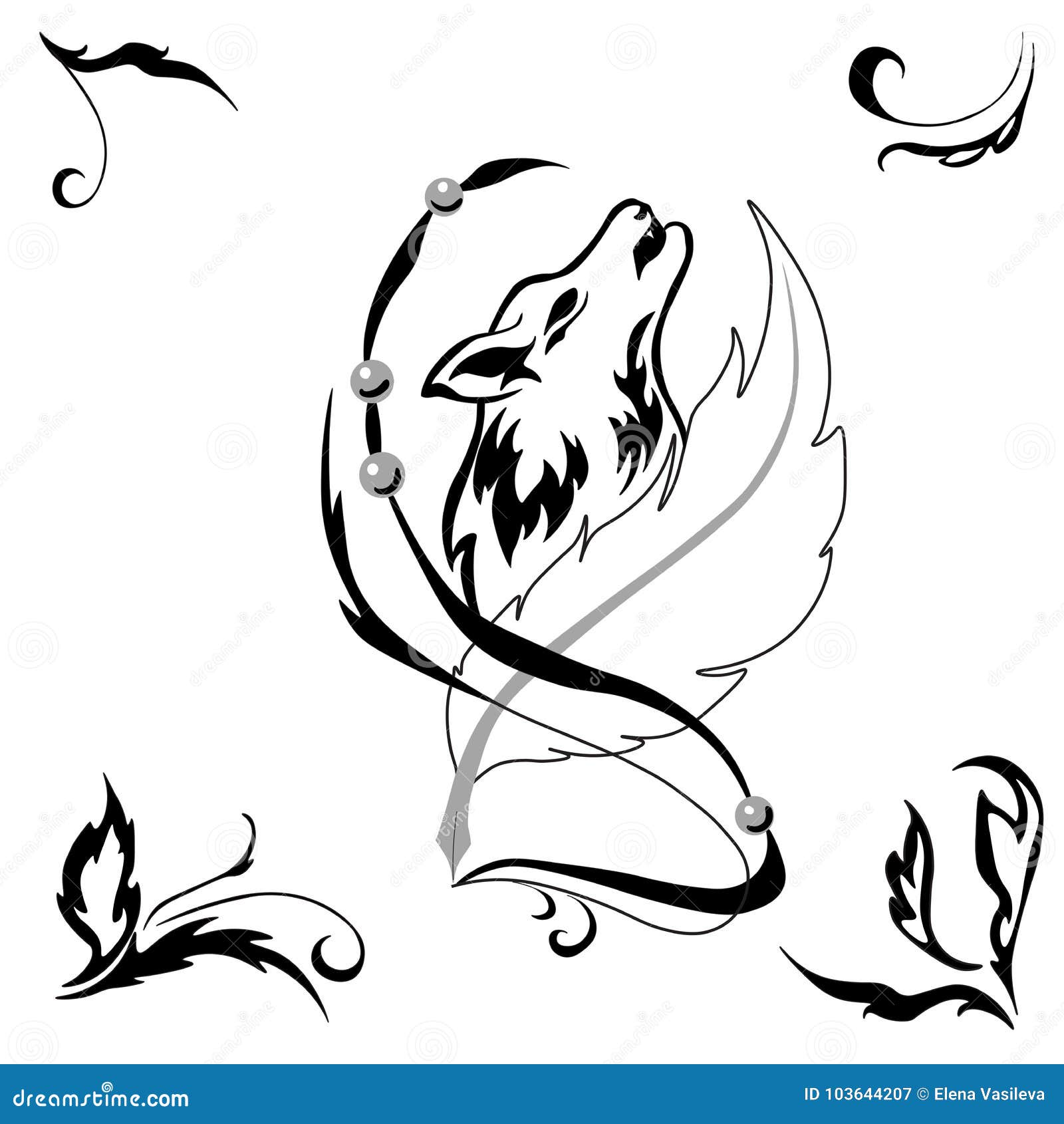 Tattoostyle Wolf and Feather for Salons and Prints Stock Vector ...