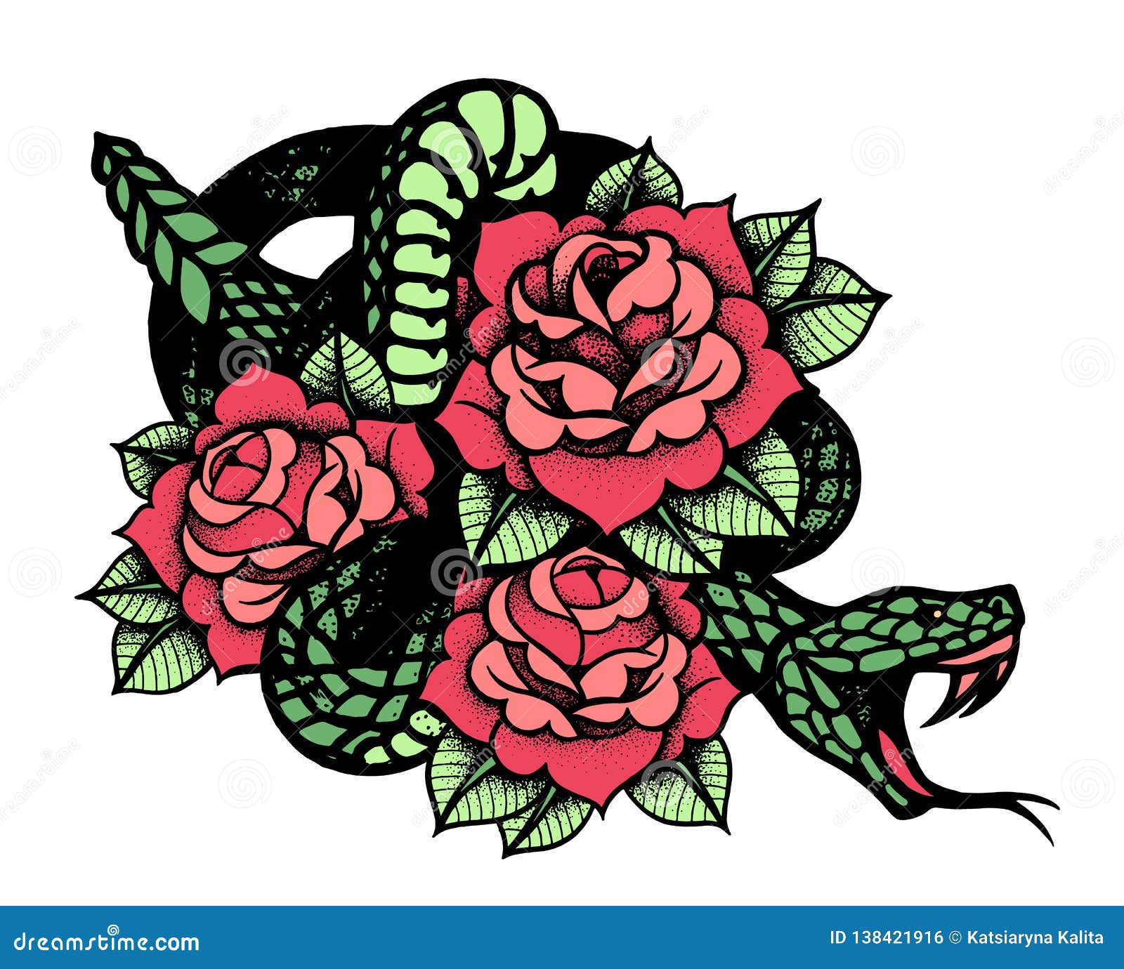 Tatuagem Com Rosa E Serpente Tinta Preta Tradicional Do Estilo Do Ponto ...