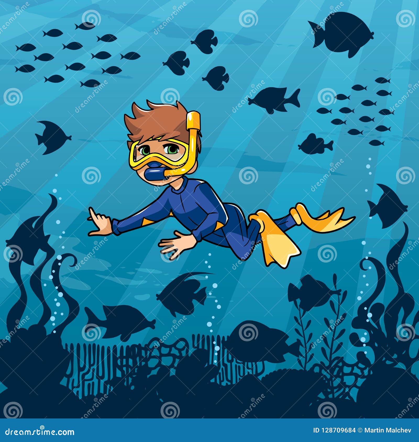 Taucher Boy Undersea vektor abbildung. Illustration von neopren - 128709684