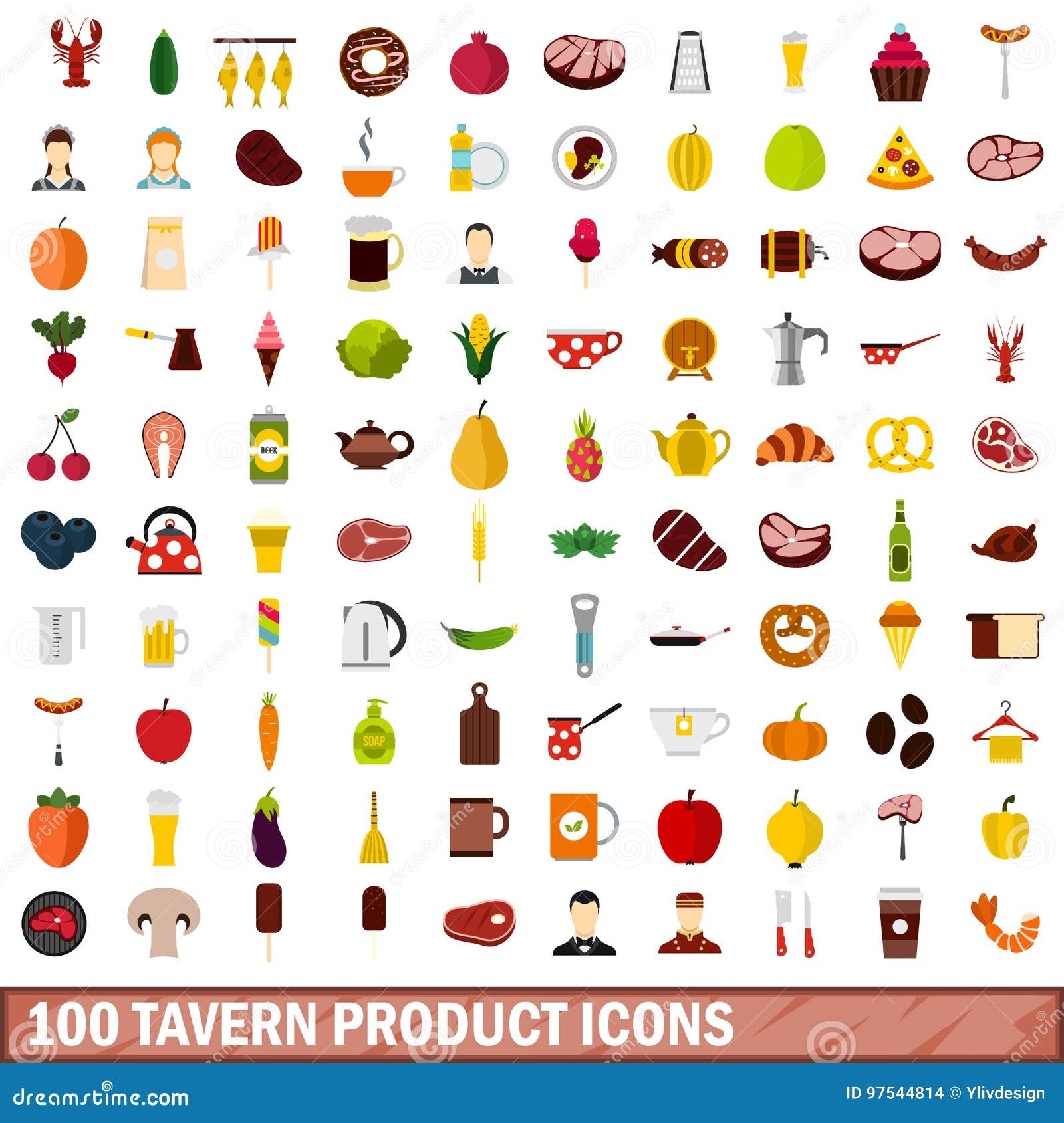 100 Tavern Product Icons Set, Flat Style Stock Vector - Illustration of ...