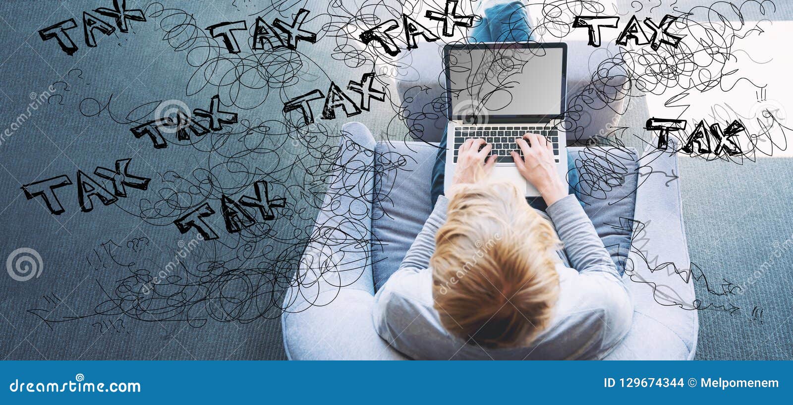 Tax with Man Using a Laptop Stock Photo - Image of concept, gray: 129674344